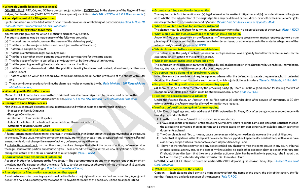 Legforms-Recitation: Key Legal Processes and Jurisdiction Rules - Studocu