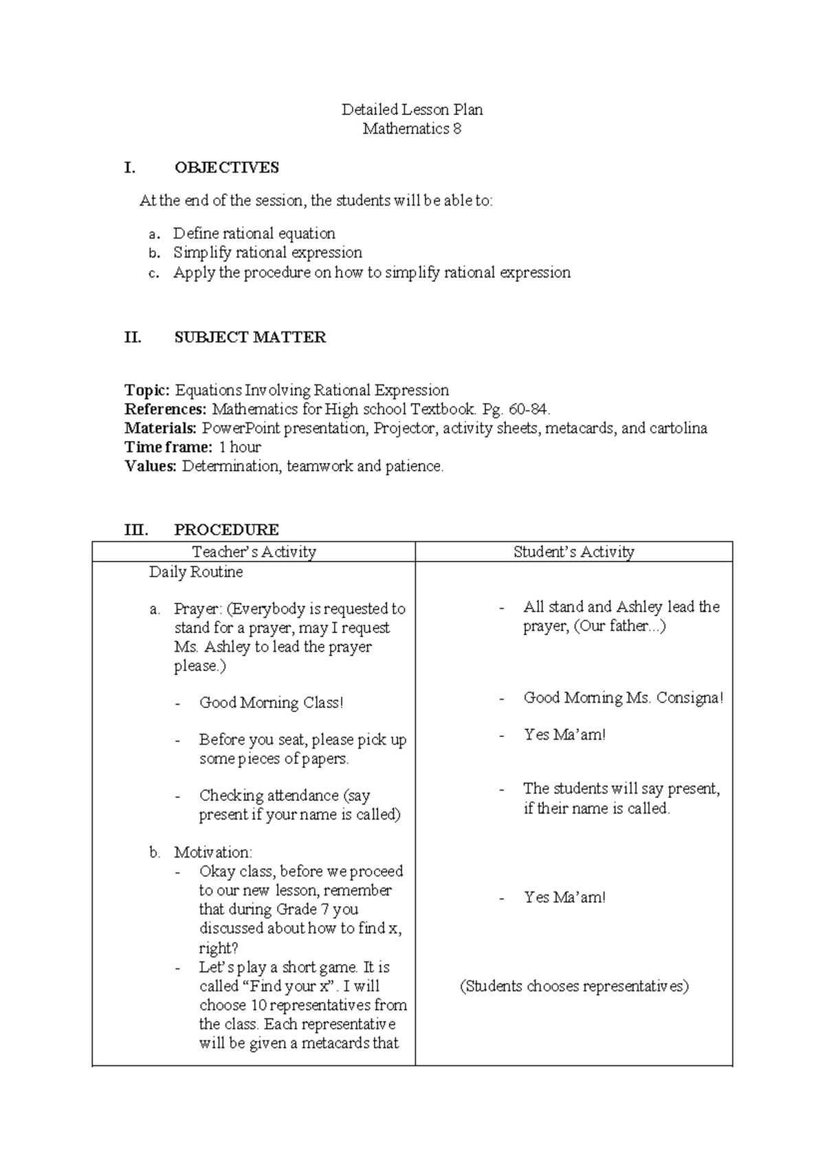 Mathematics 8 DLL: Understanding Rational Expressions and Equations ...