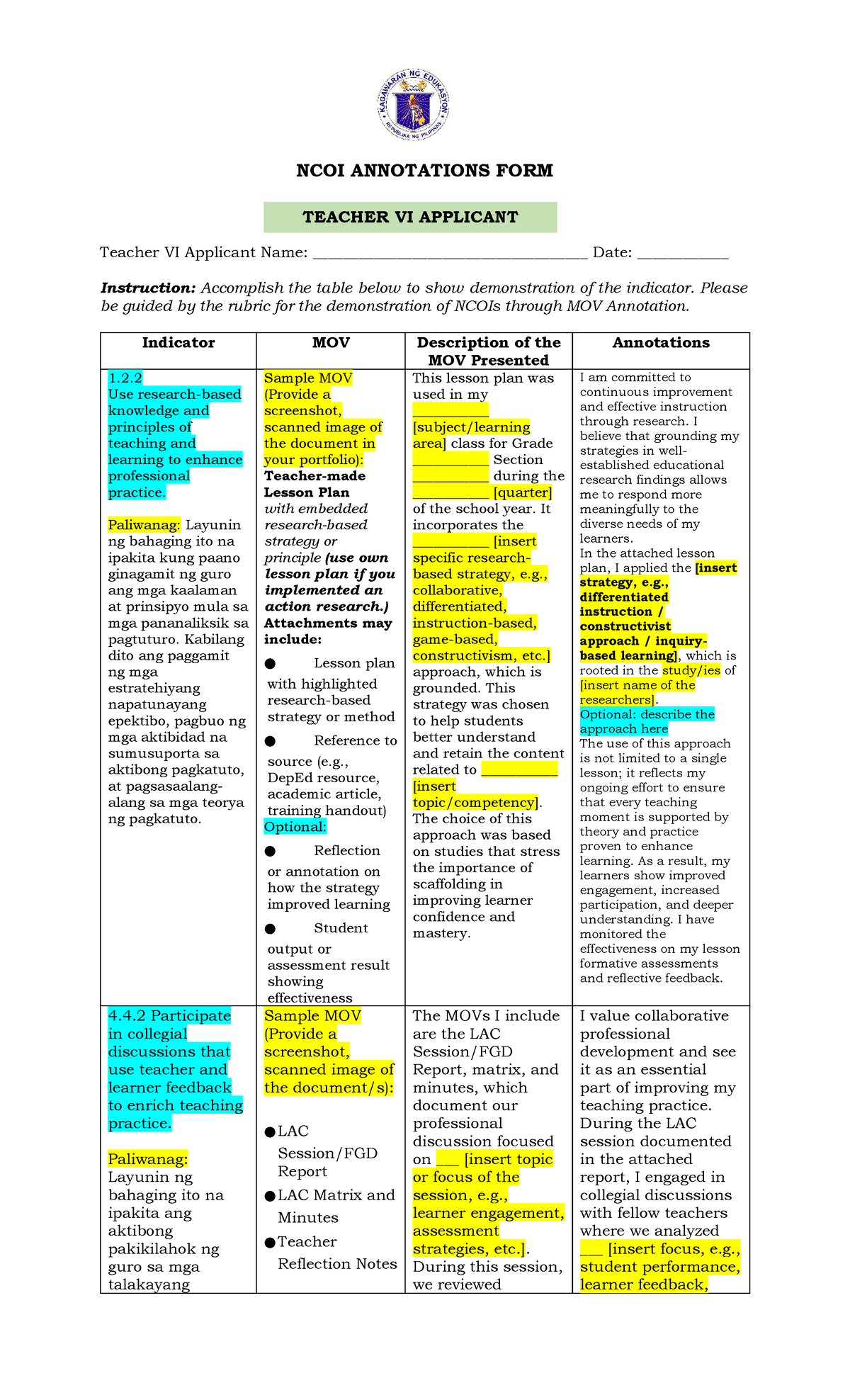 NCOI Teacher VI Applicant Sample MOV Documentation - Studocu