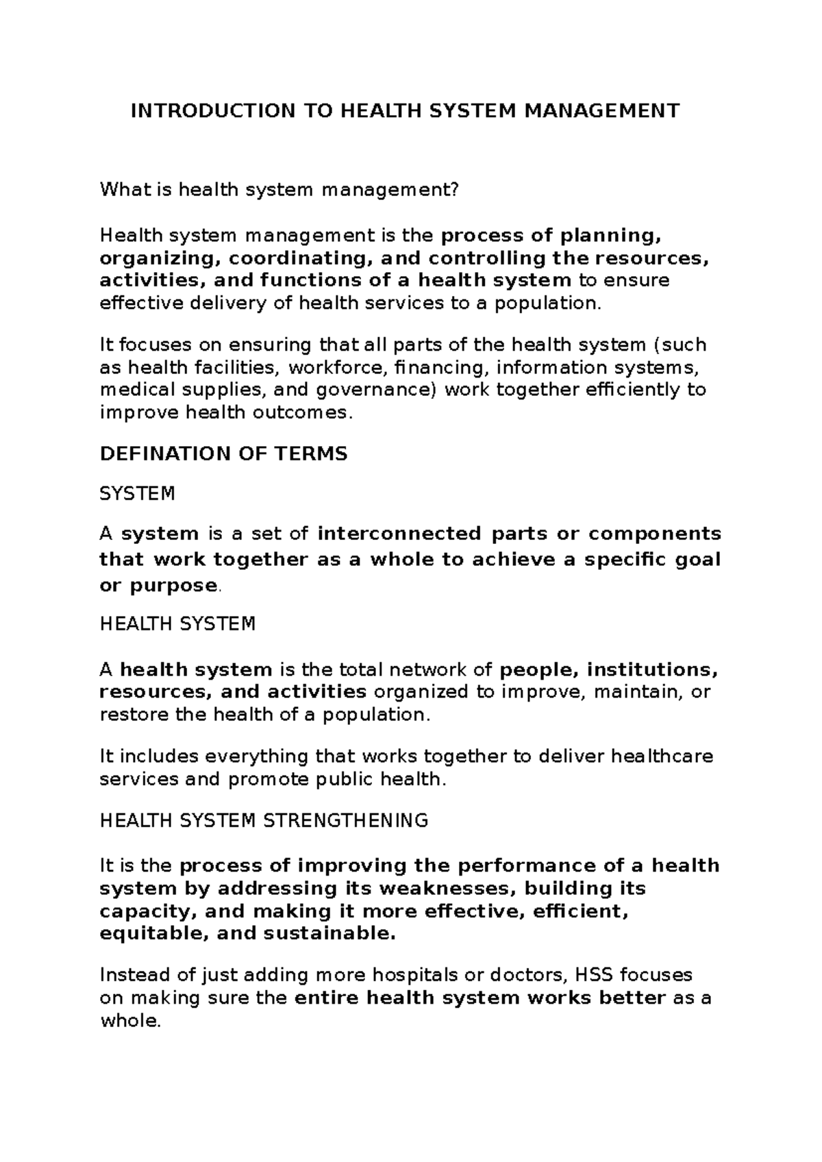 Health System Management Overview: Key Concepts and Theories - Studocu