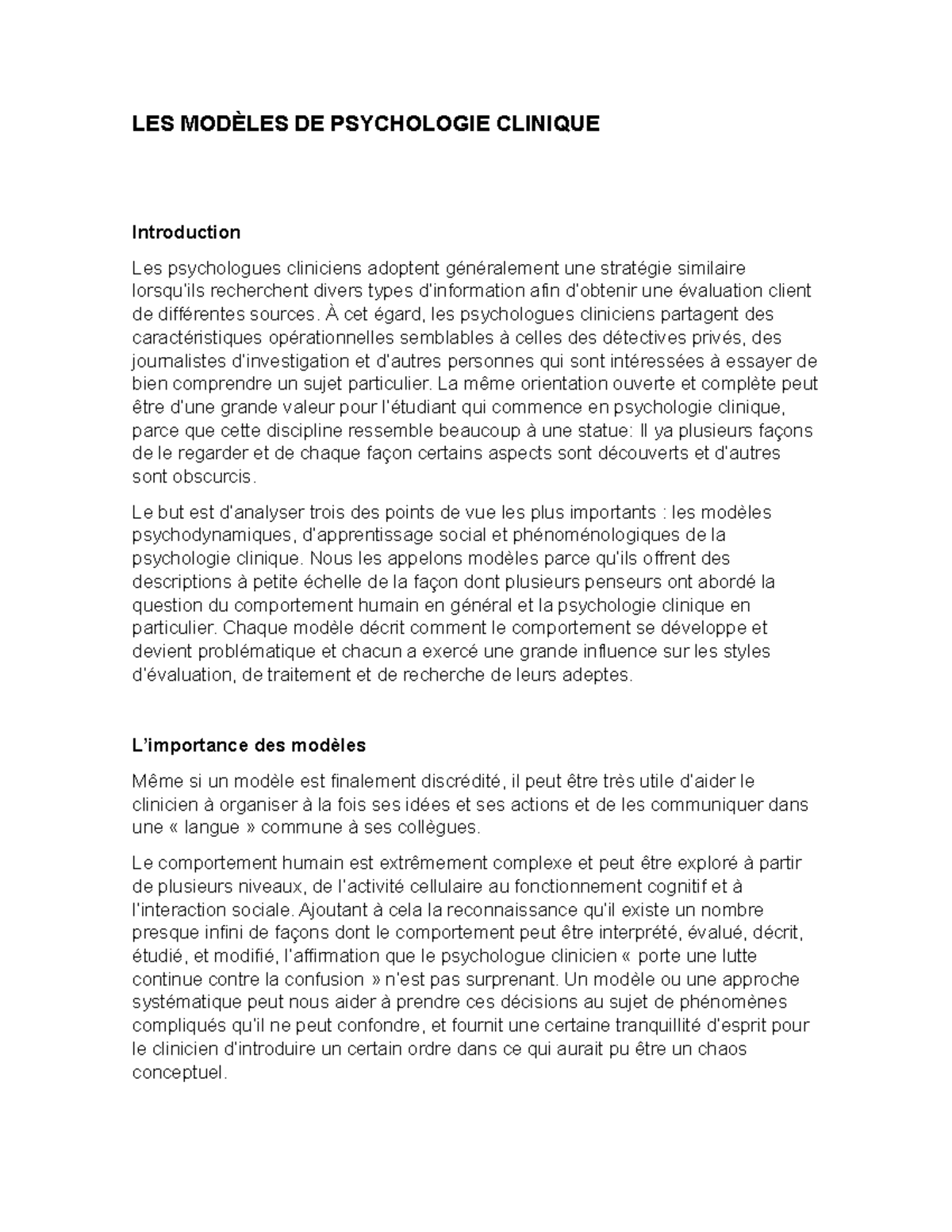 Les modèles de psychologie clinique - LES MODÈLES DE PSYCHOLOGIE ...