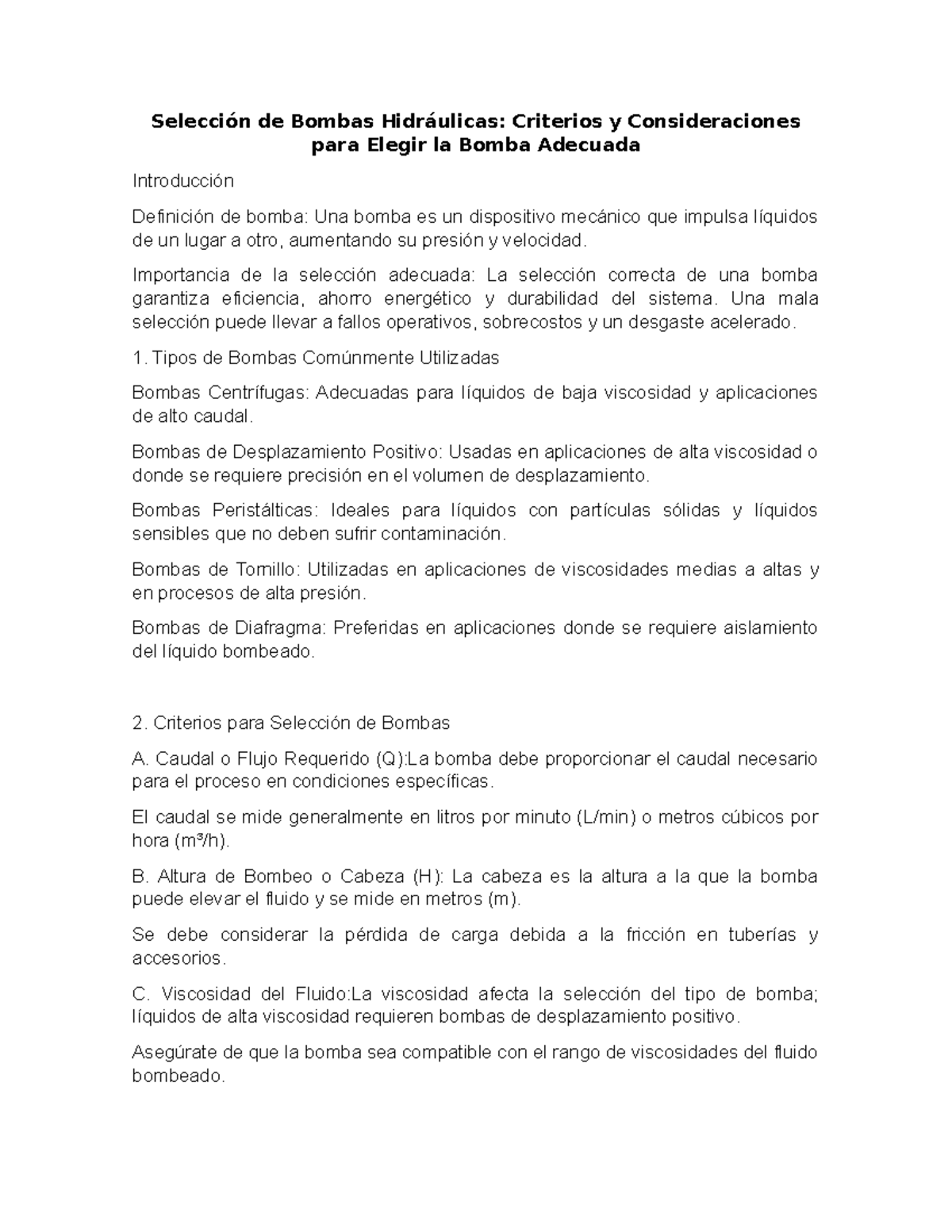 Selección de Bombas Hidráulicas: Criterios y Ejemplos Prácticos - Studocu