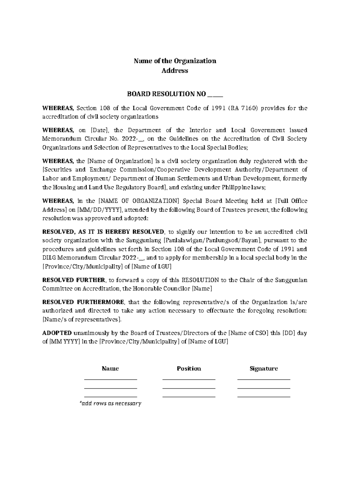 Board Resolution for Accreditation of Civil Society Org. - Studocu