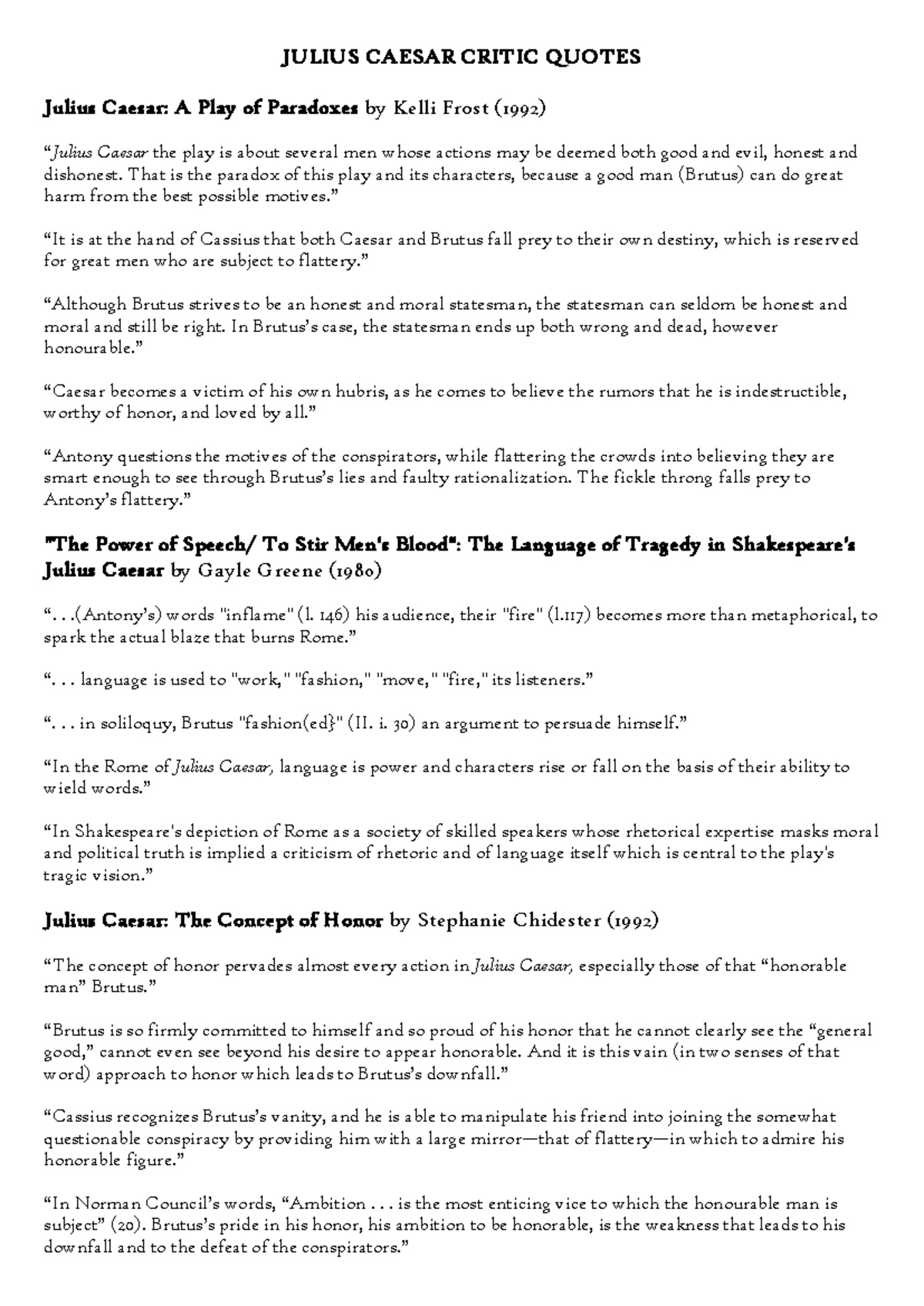 Julius Caesar Critic Quotes: Paradoxes & Honor in Shakespeare's Play ...