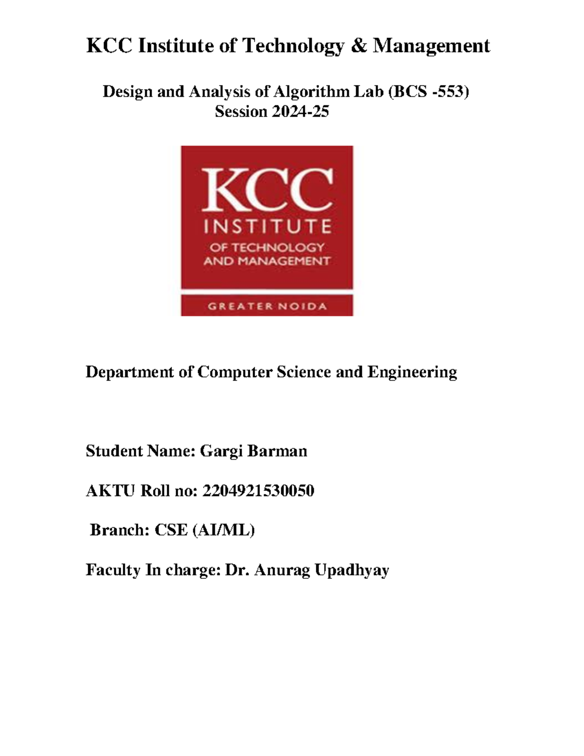DAA LAB 1 - lab - Btech cse 3rd year daa - KCC Institute of Technology ...
