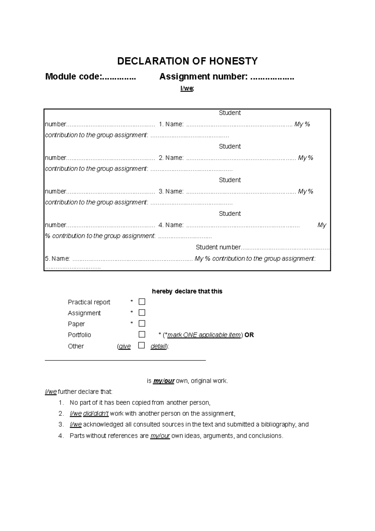 Declaration of Honesty for Individual Assignment 2025 - Studocu