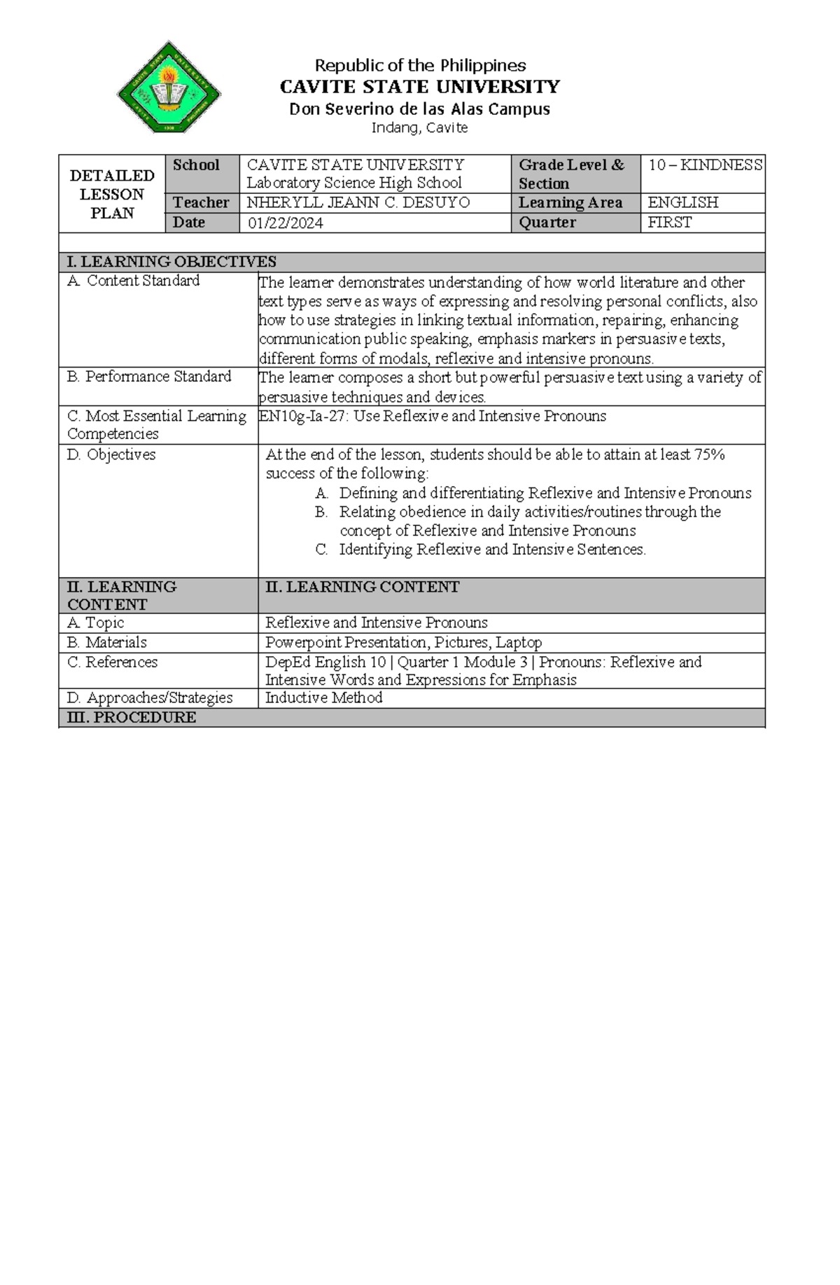 Detailed Lesson Plan on Reflexive and Intensive Pronouns (ENG10) - Studocu
