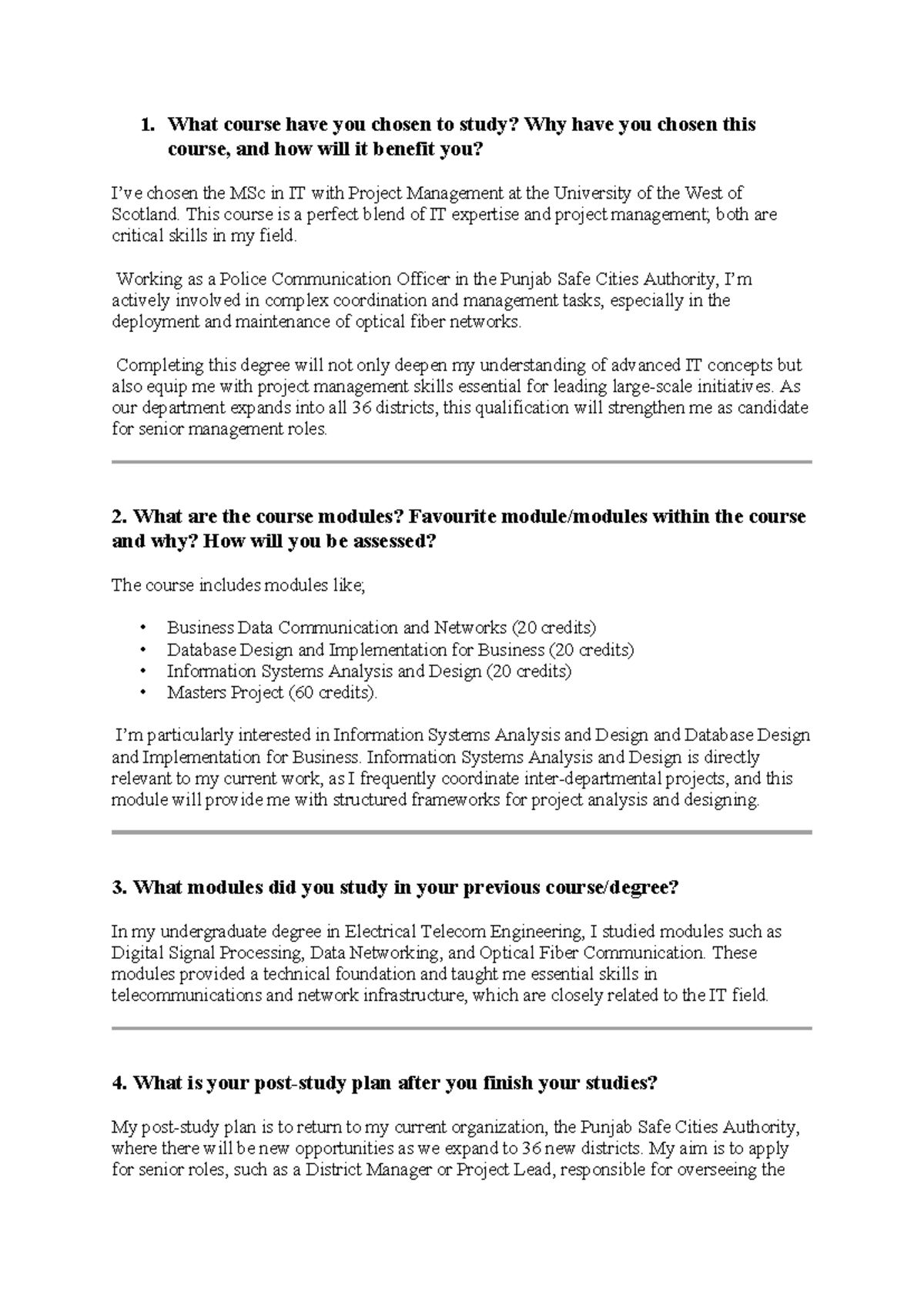 UWS MSc in IT with Project Management: Interview Q&A Insights - Studocu
