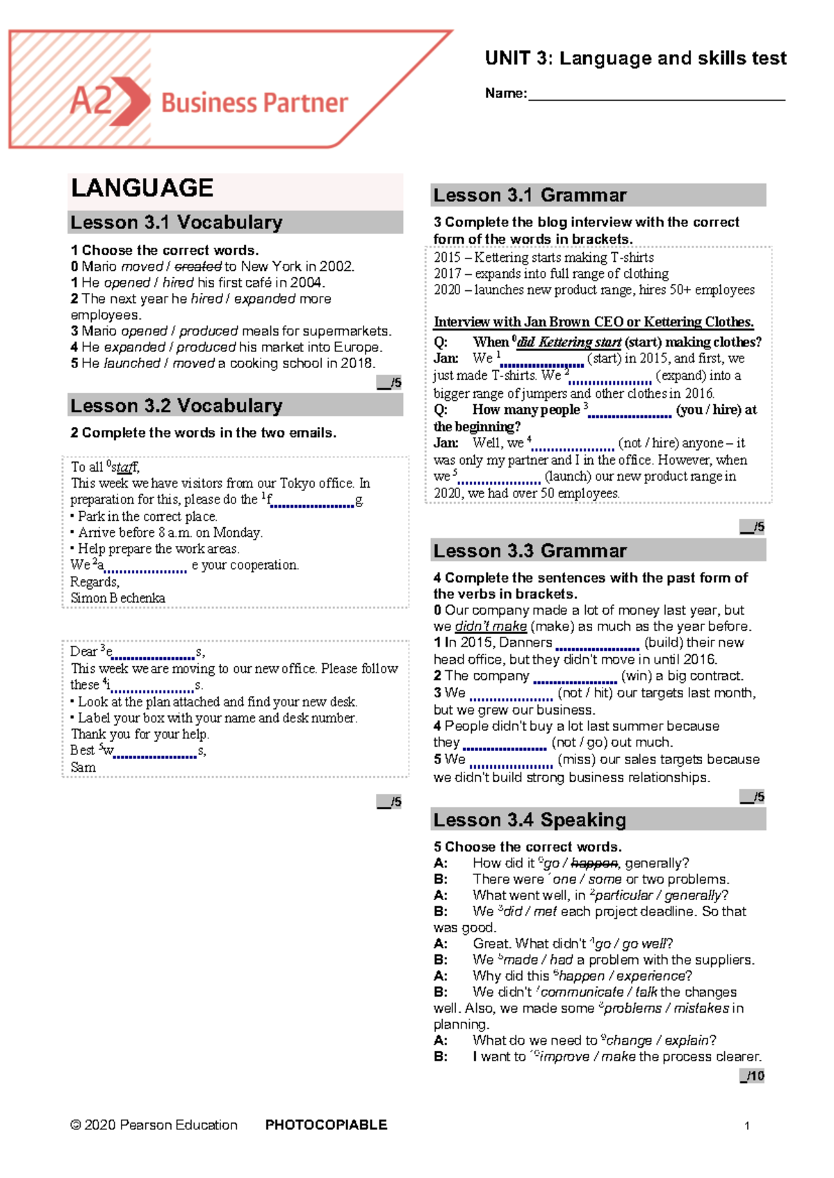 BP A2 Tests Unit 3 - Unit 3 - © 20 20 Pearson Education PHOTOCOPIABLE 1 ...