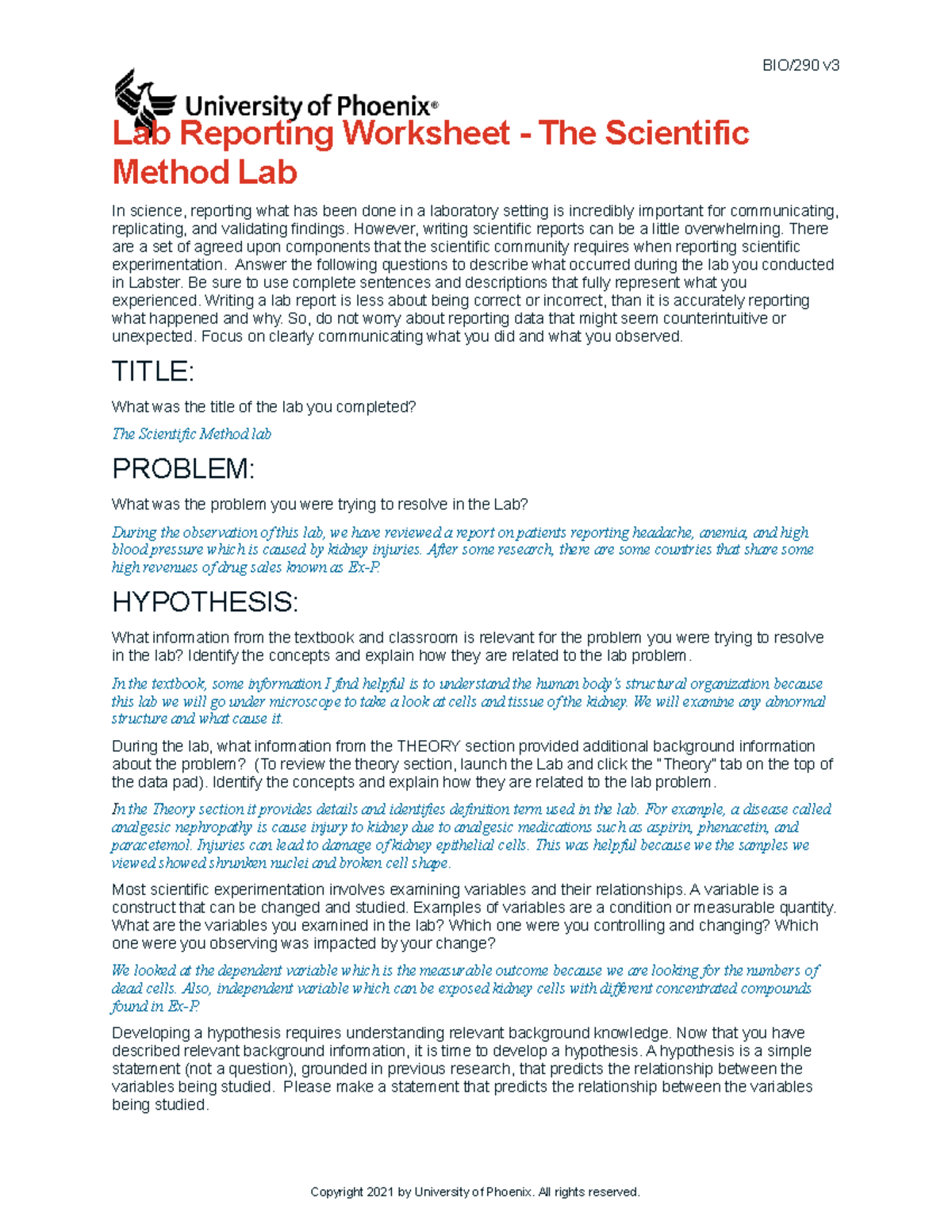 bio290 v3 wk1 the scientific method lab - BIO/290 v Lab Reporting Worksheet - The Scientific ...