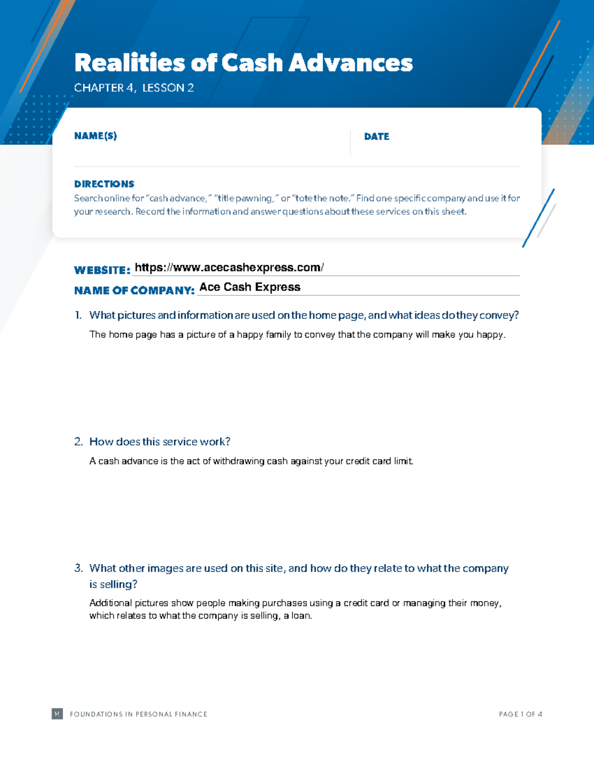 Chapter 4, Lesson 2 Activity: Examining Cash Advance Companies - Studocu