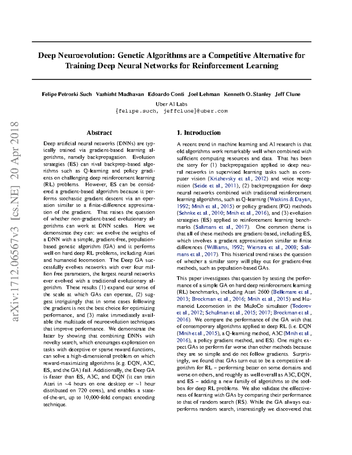 Deep Neuroevolution: Genetic Algorithms for DNN Training in RL (1712 ...