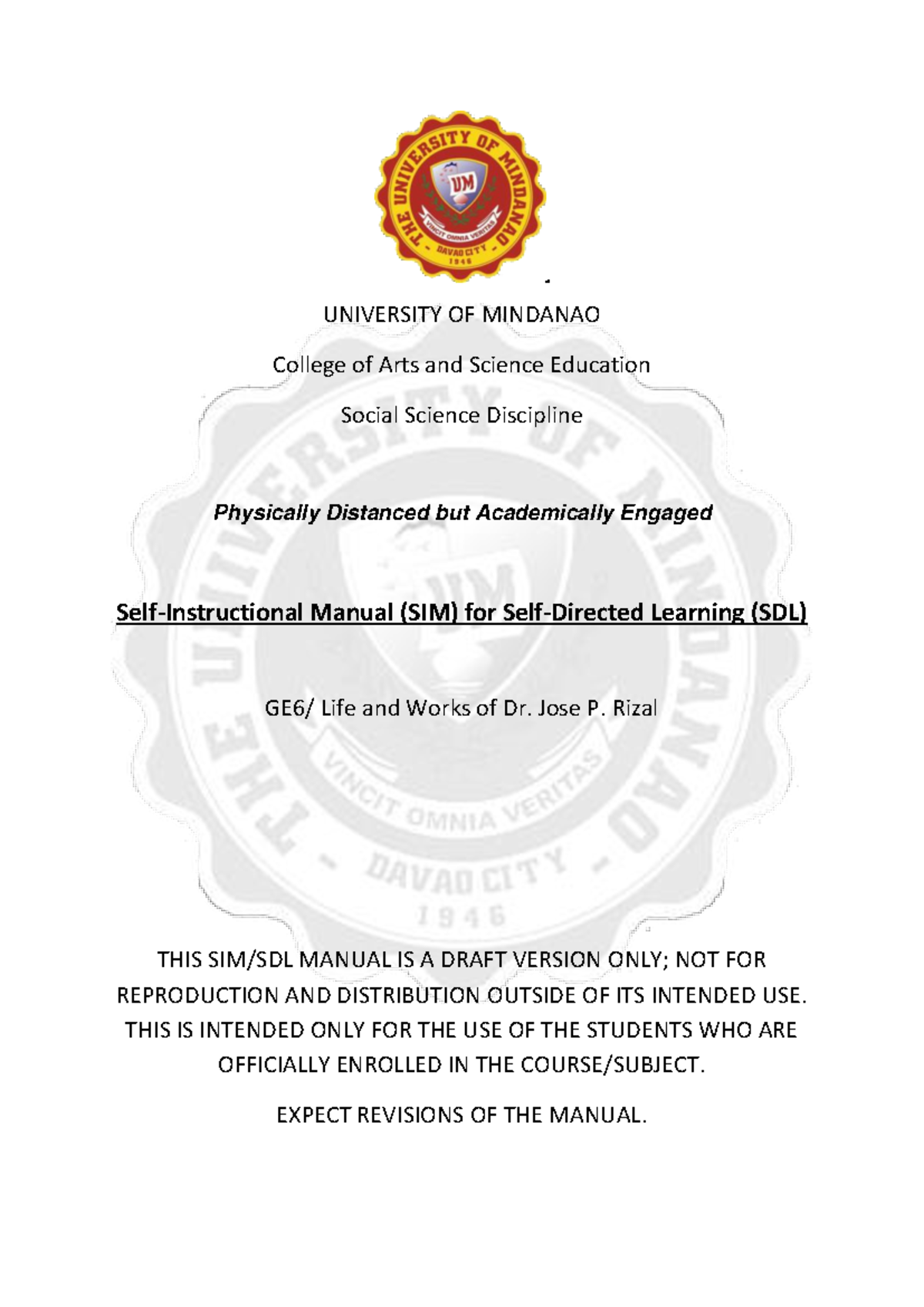 GE 6 SIM -Ulo 6 Week 6 (Filipino version) - U ni UNIVERSITY OF MINDANAO ...