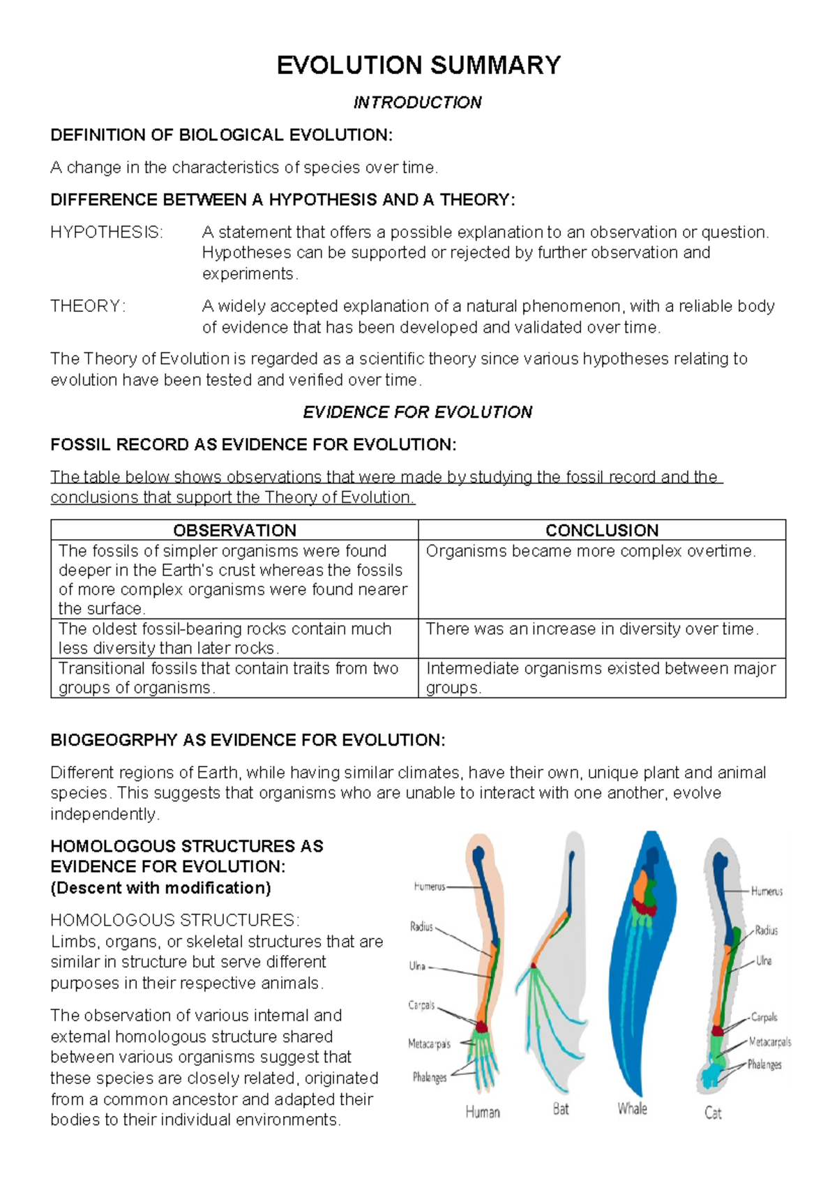EVOLUTION SUMMARY: KEY CONCEPTS AND EVIDENCE FOR BIOLOGICAL CHANGE ...