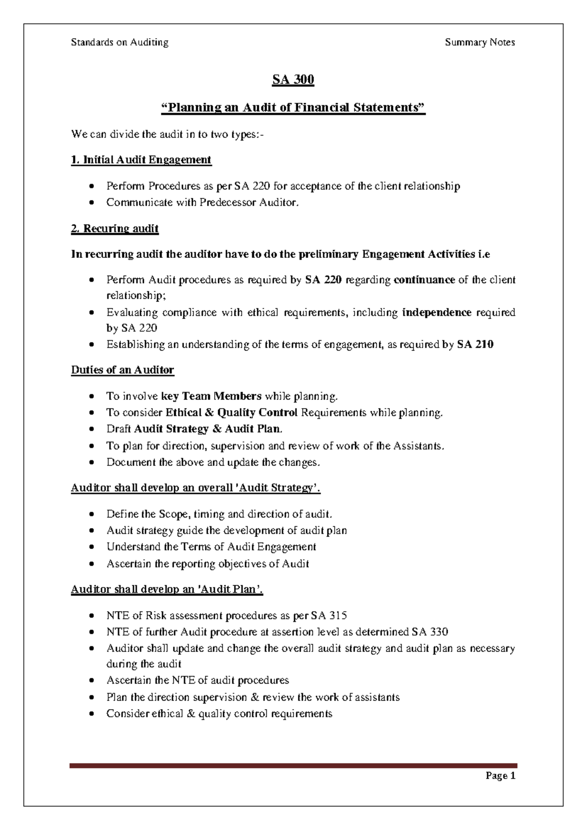 SA 300 Audit Planning: Summary Notes and Key Concepts on Audits - Studocu