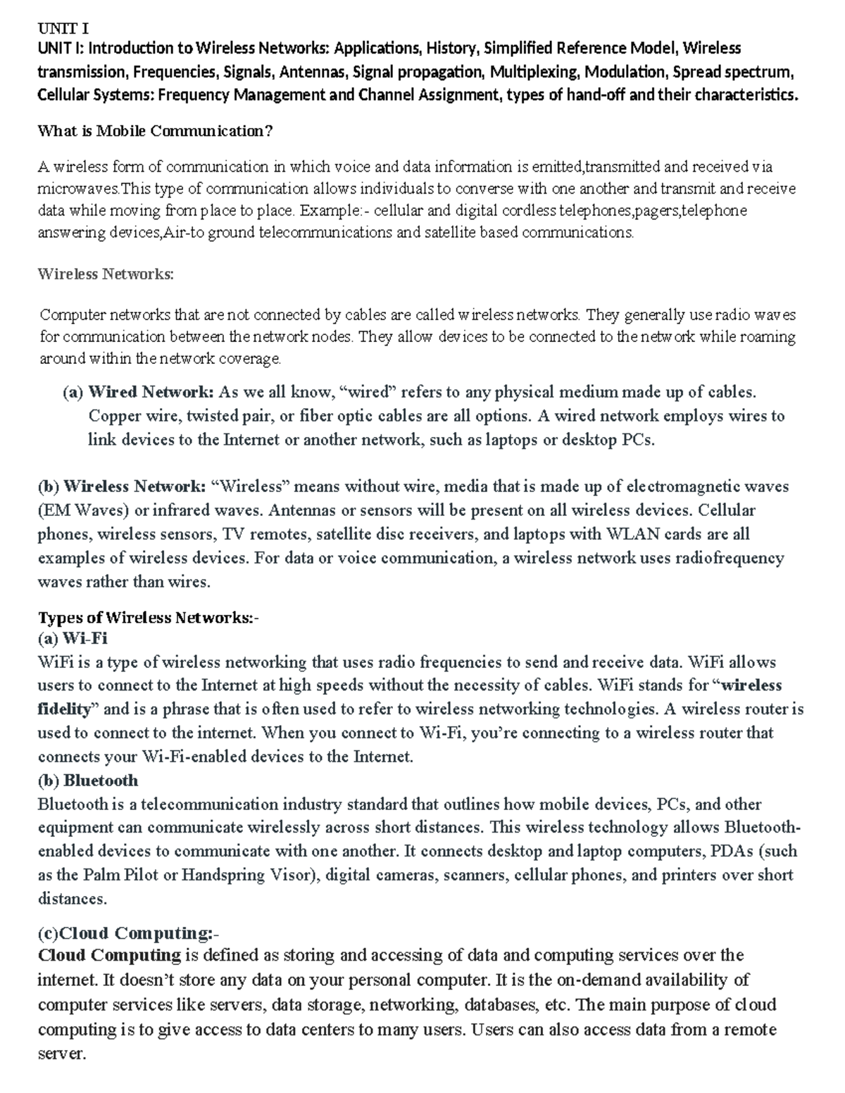 MC UNIT I Wireless Networks: Overview, Types & Generations - Studocu