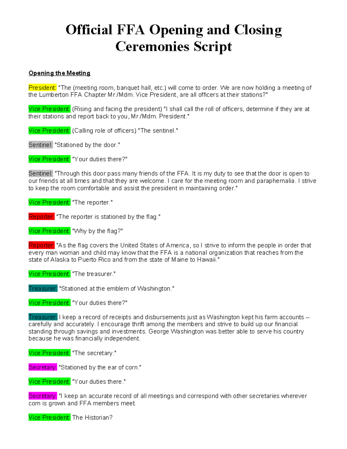 Lumberton FFA Opening and Closing Ceremonies Script - Studocu