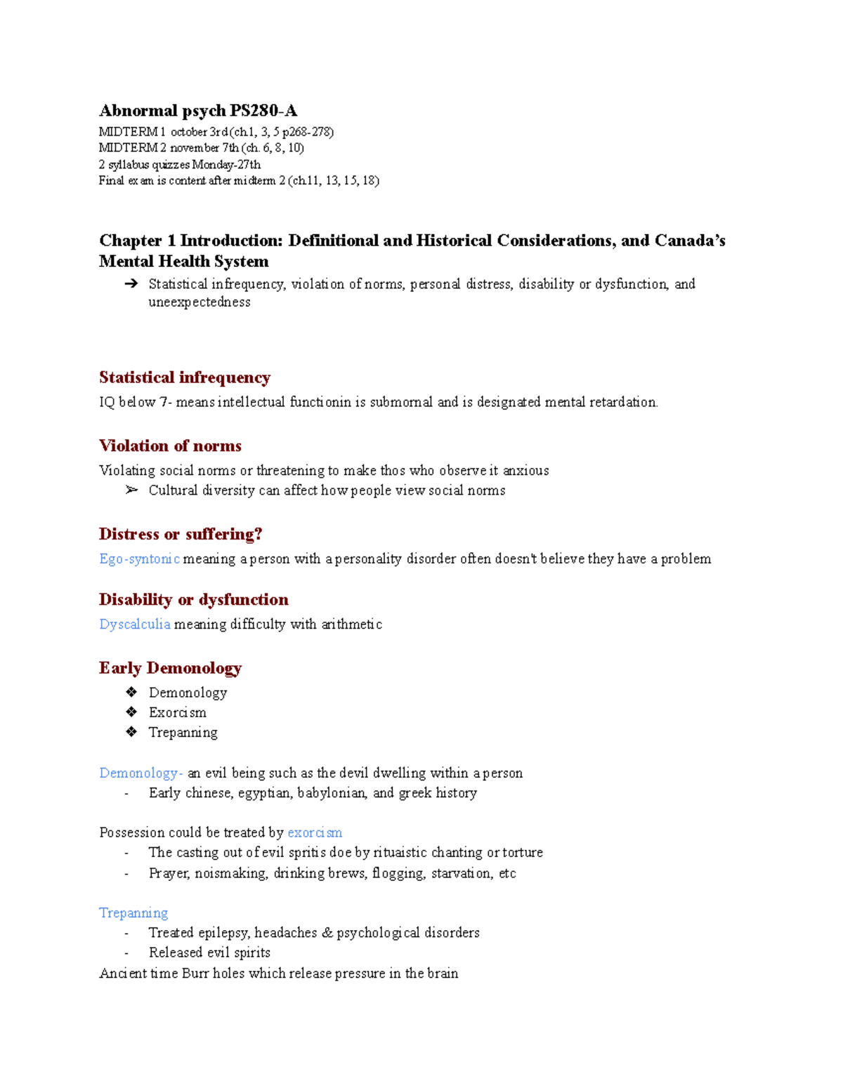 PS280 A - Midterm 1 Notes on Abnormal Psychology - Studocu