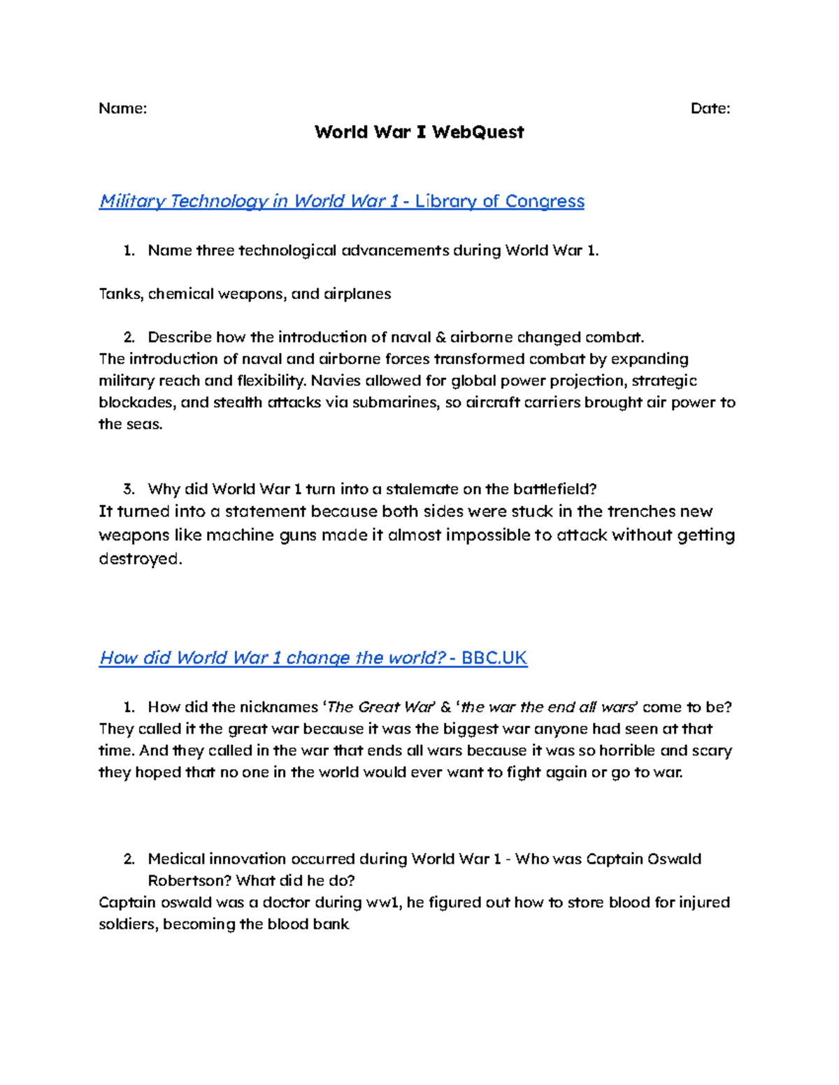 World War I WebQuest: Military technology and its impact on warfare ...