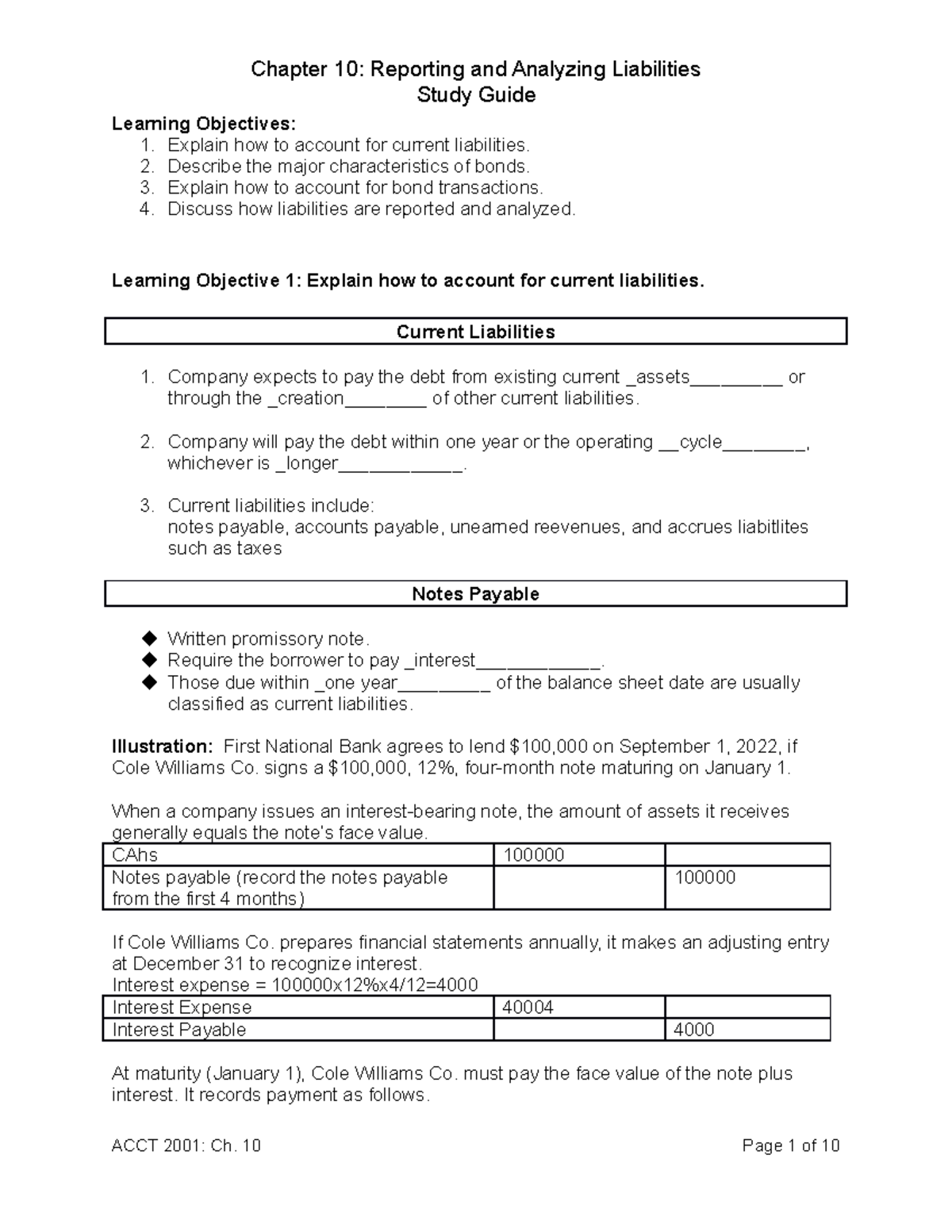 Accounting 2001 Study Guide: Chapter 10 - Current & Long-term ...