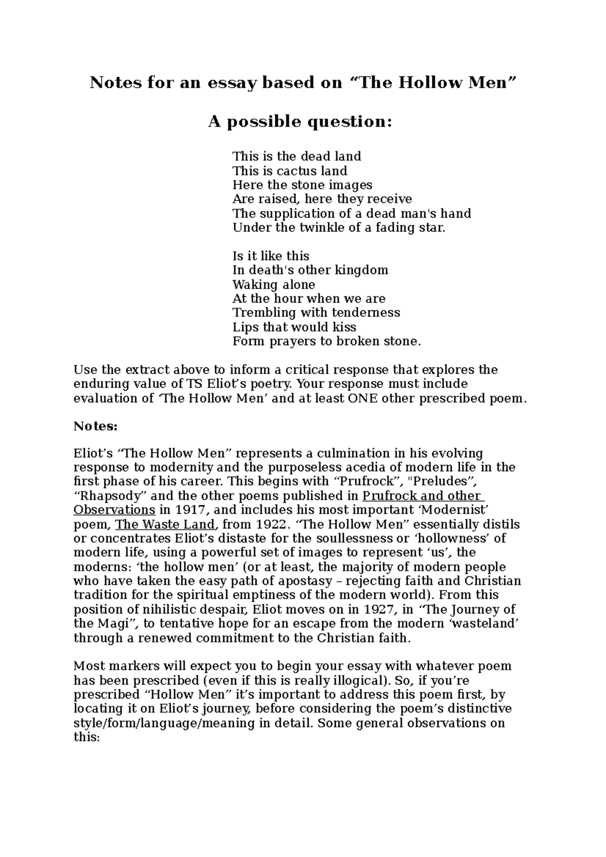 2.Notes for an essay on "The Hollow Men" - Notes for an essay based on ...