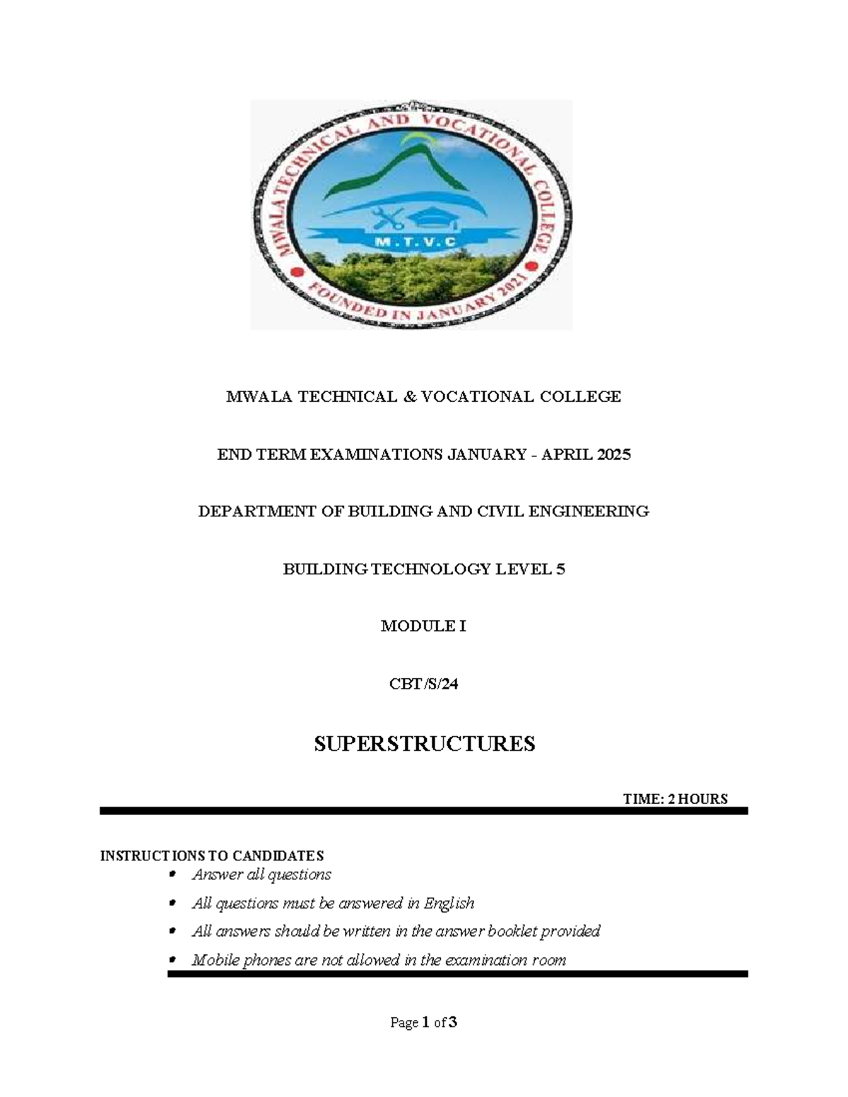 MWALA TVC End Term Exam Jan-Apr 2025: Building Tech Level 5 ...