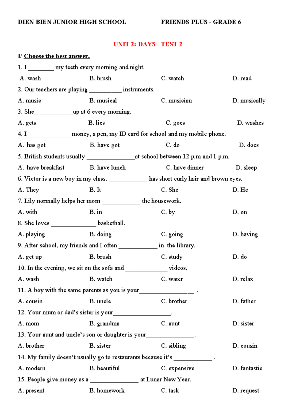 DB-FP- Grade 6 Unit 2: Days Practice Test 2 - Studocu