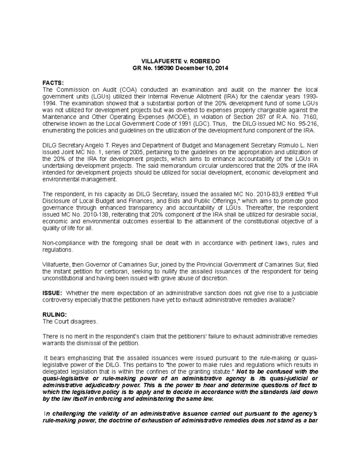 Villafuerte v. Robredo - Case Digest Analysis and Judicial Review ...