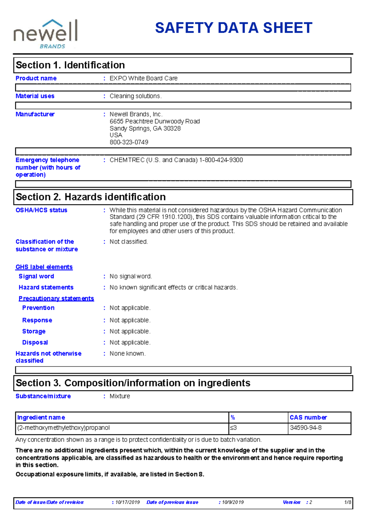 SAFETY DATA SHEET: EXPO White Board Care Cleaner (Version 2) - Studocu