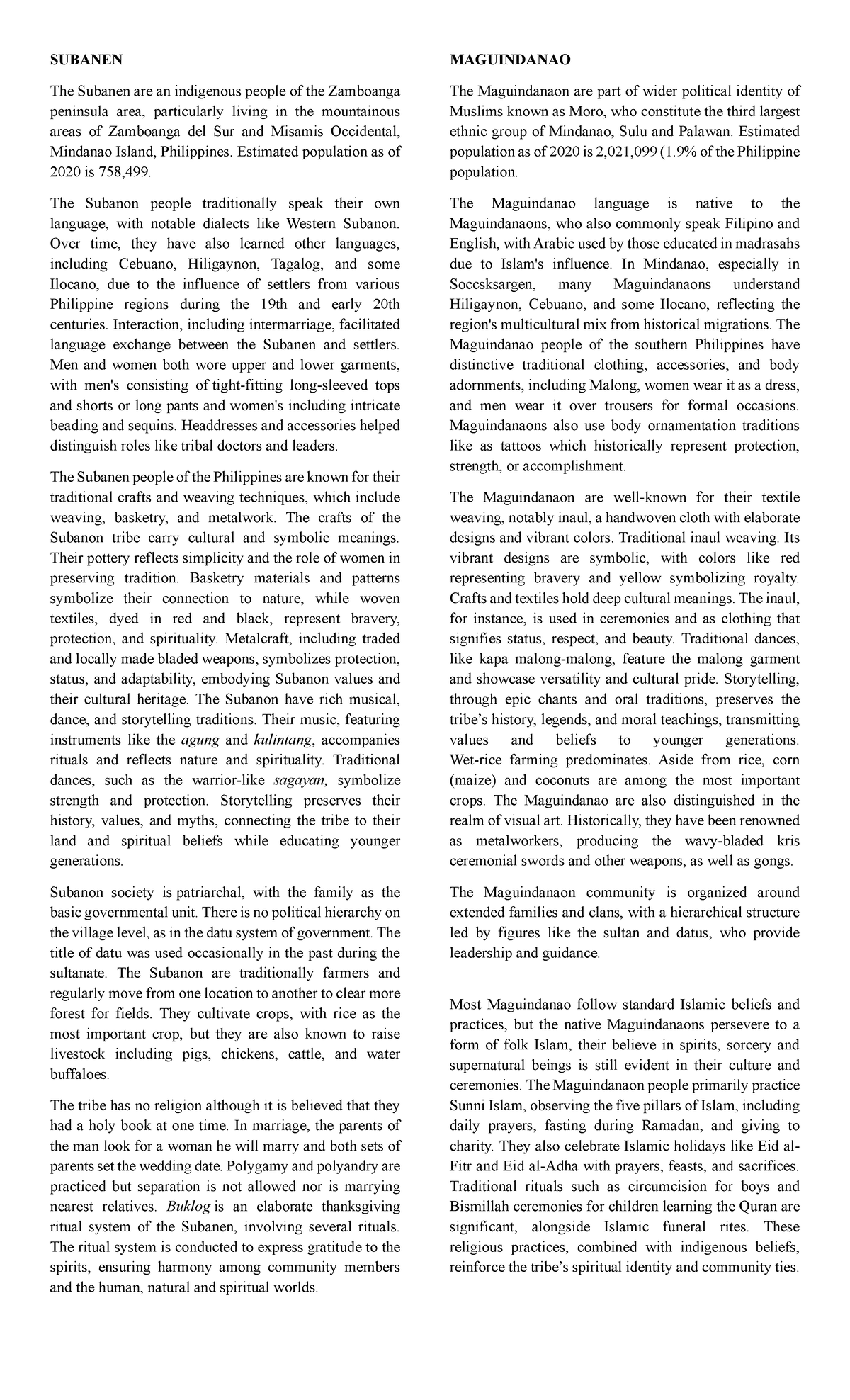 Subanen and Maguindanao Cultural Heritage Overview - Studocu