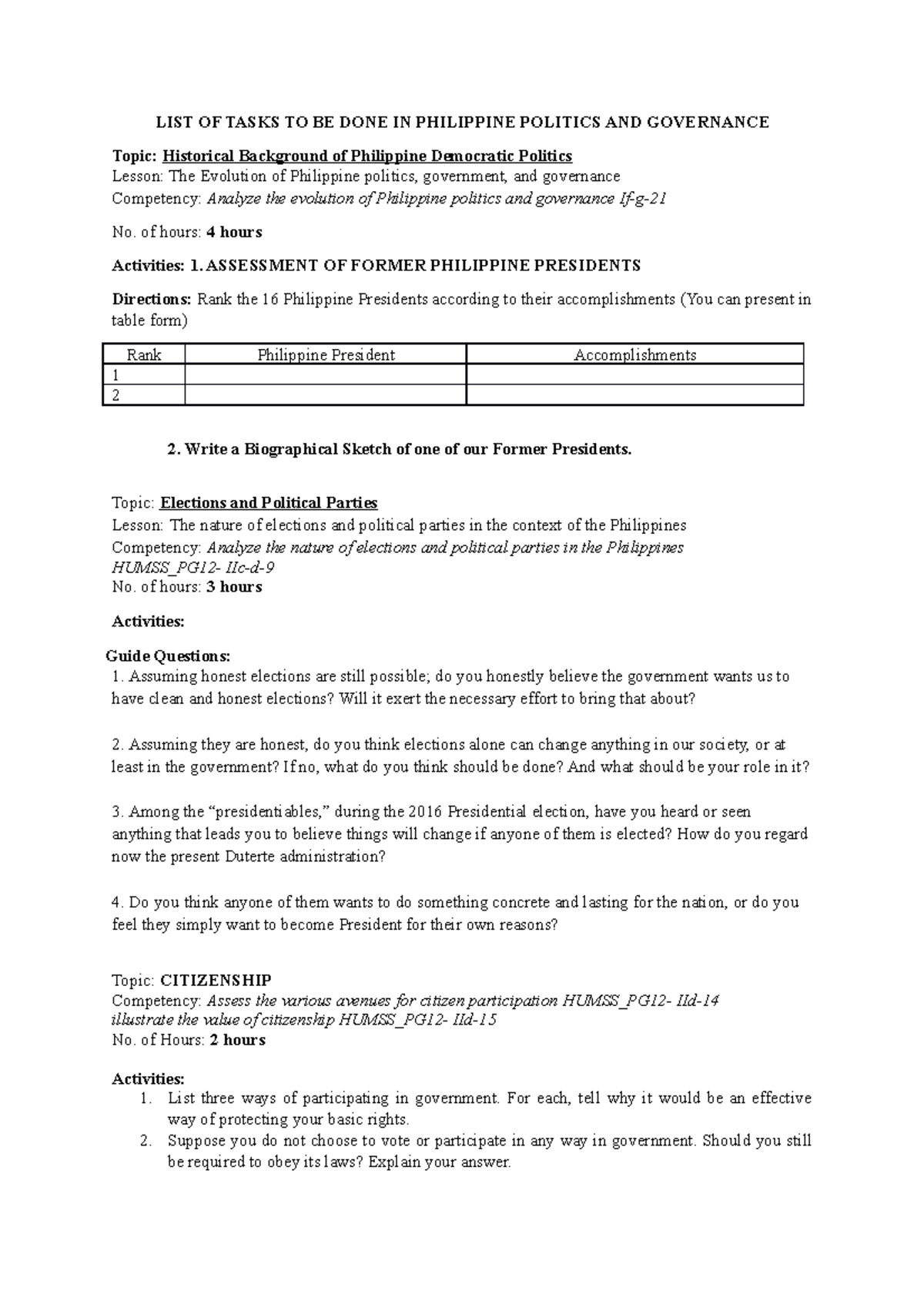 LIST OF Tasks TO BE DONE IN Philippine Politics AND Governance - LIST ...