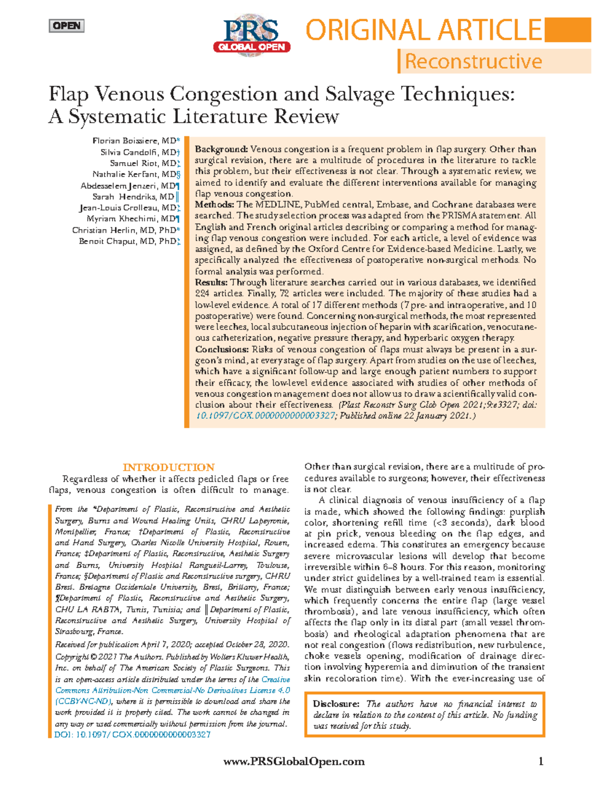 Flap Venous Congestion Management: A Systematic Review of Techniques ...