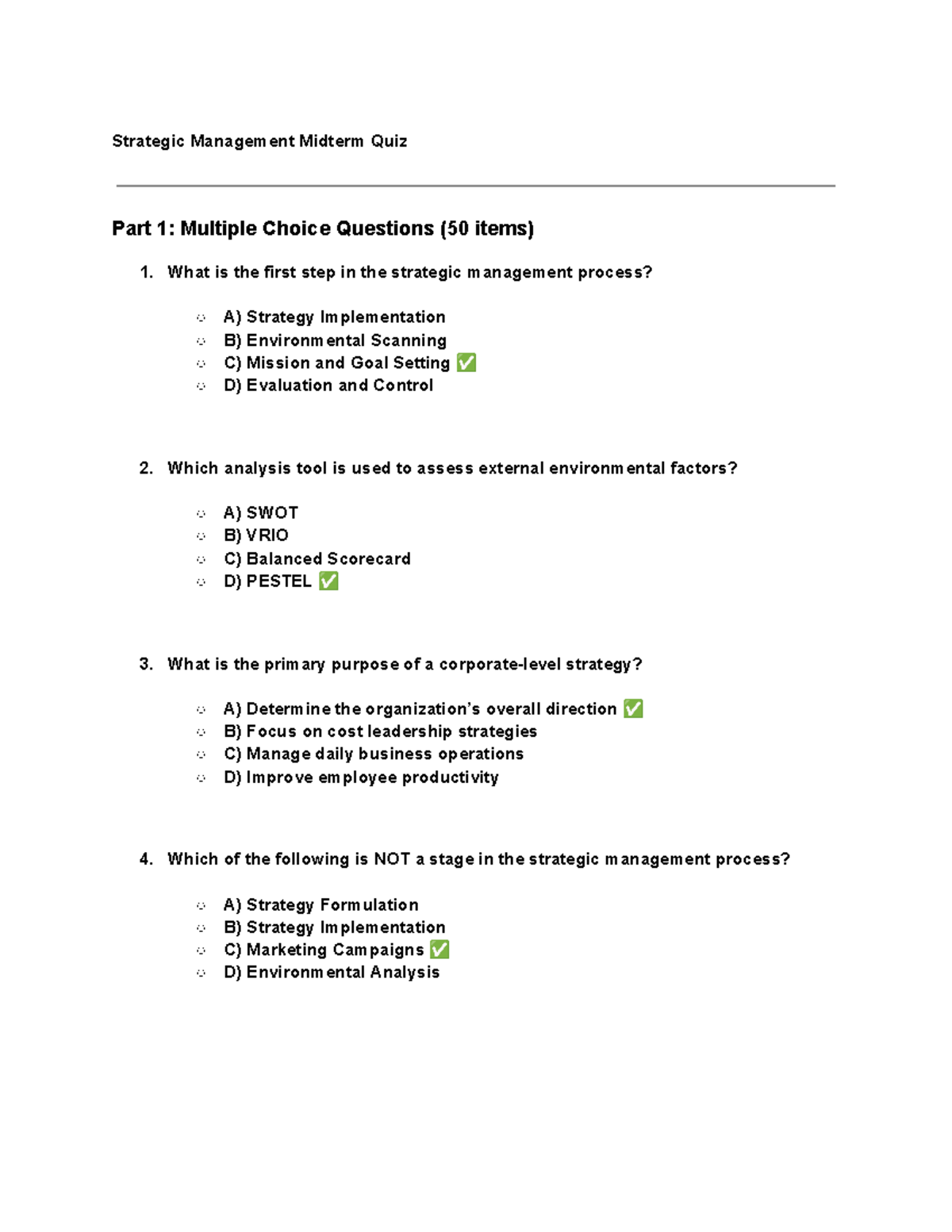 Strategic Management Practice Questionnaire - Strategic Management ...