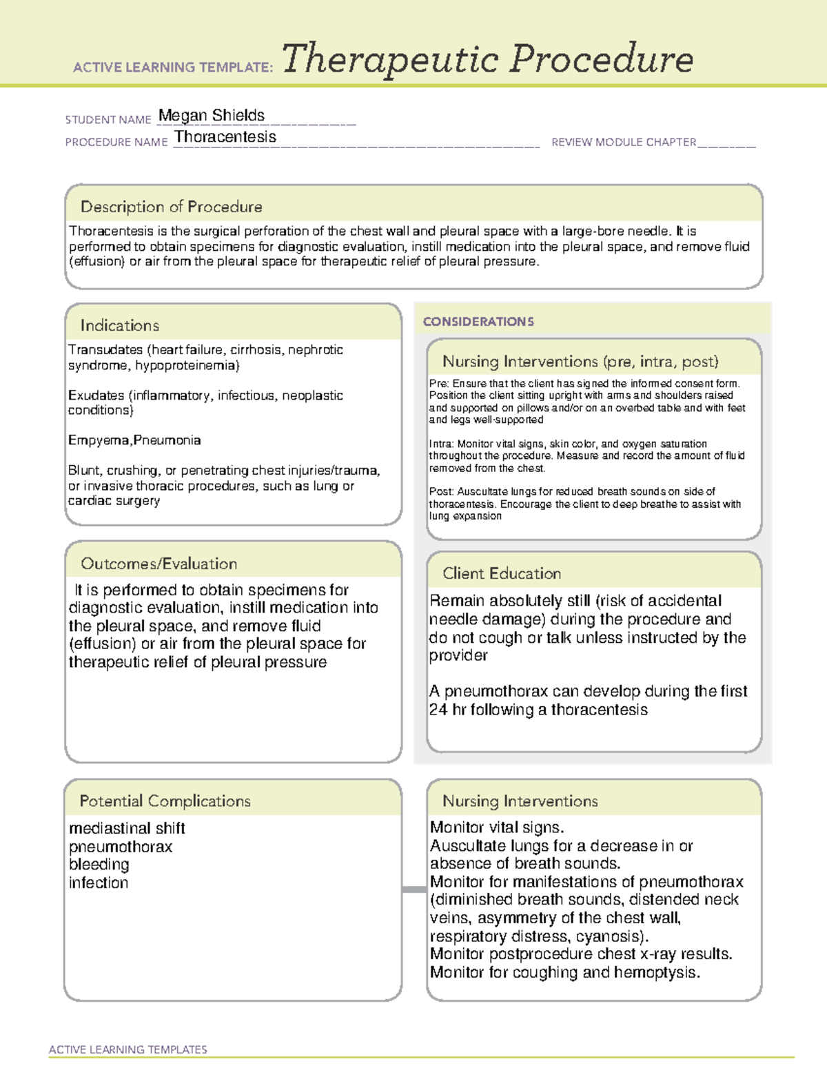 Thoracentesis Therapeutic Procedure ATI Active Learning Template - Studocu