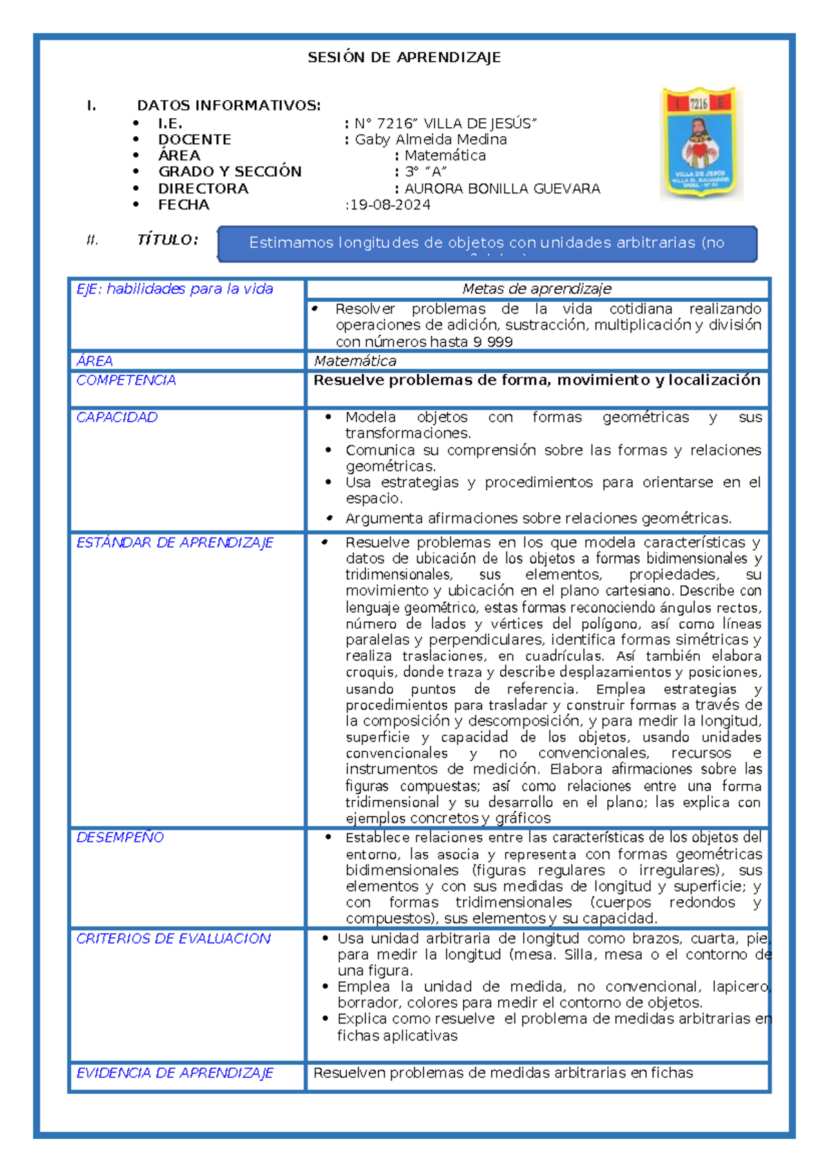 Sesión Matemática: Medidas Arbitrarias y Resolución de Problemas - Studocu