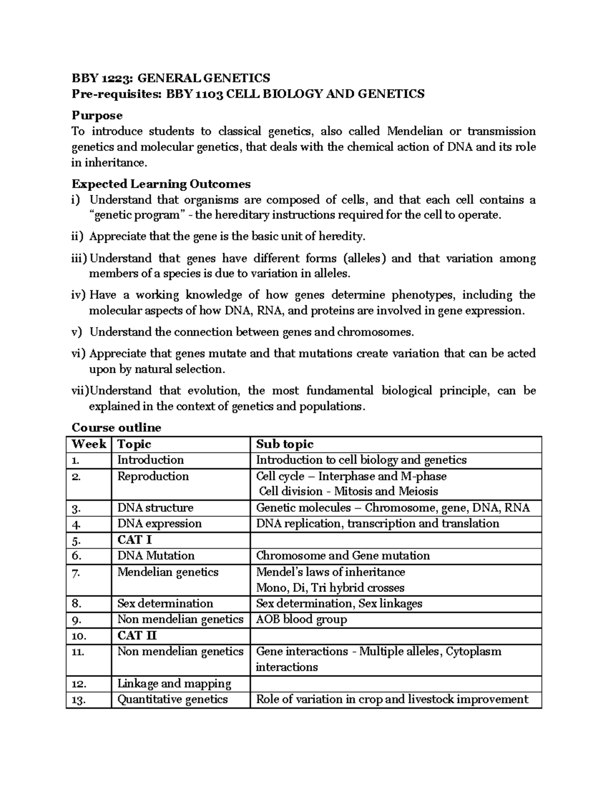 BBY 1223 General Genetics Course Outline & Learning Outcomes - Studocu