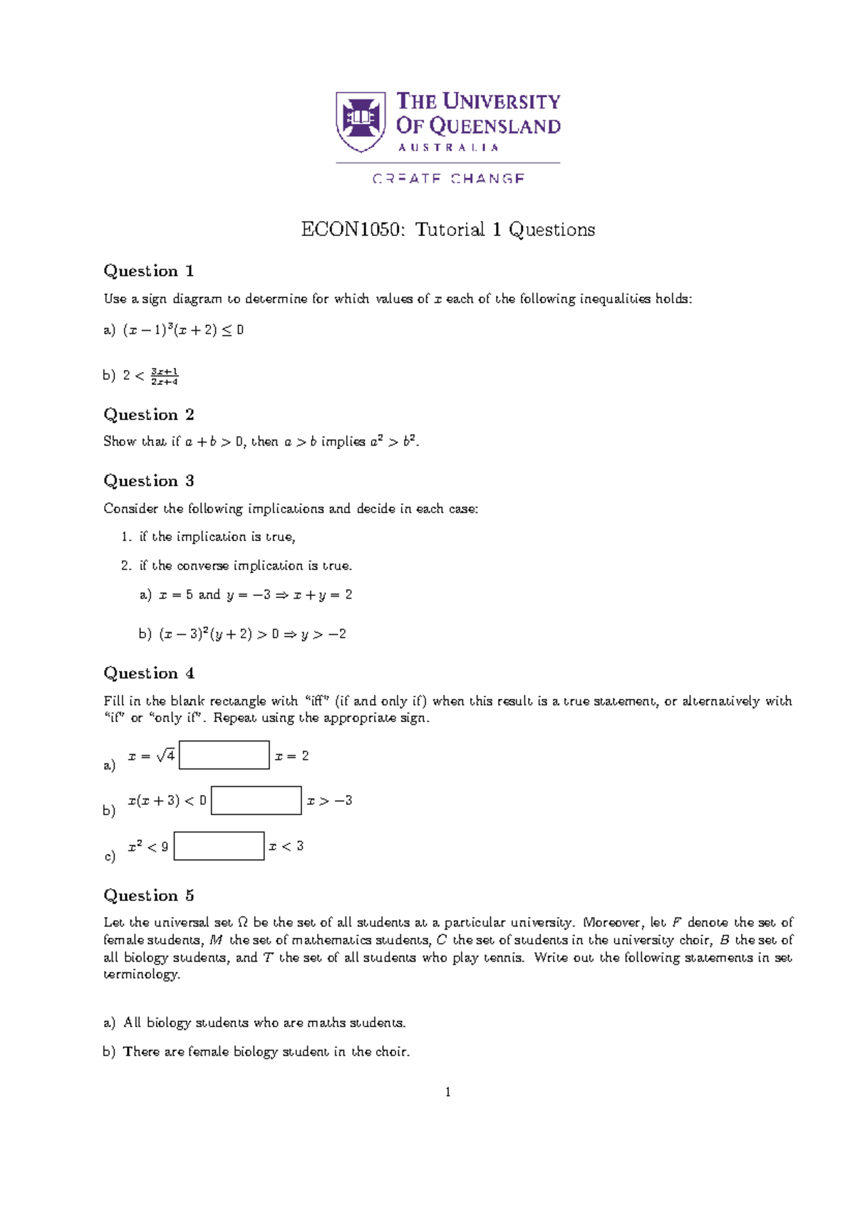 ECON1050: Tutorial 1 Questions and Set Theory Implications - Studocu
