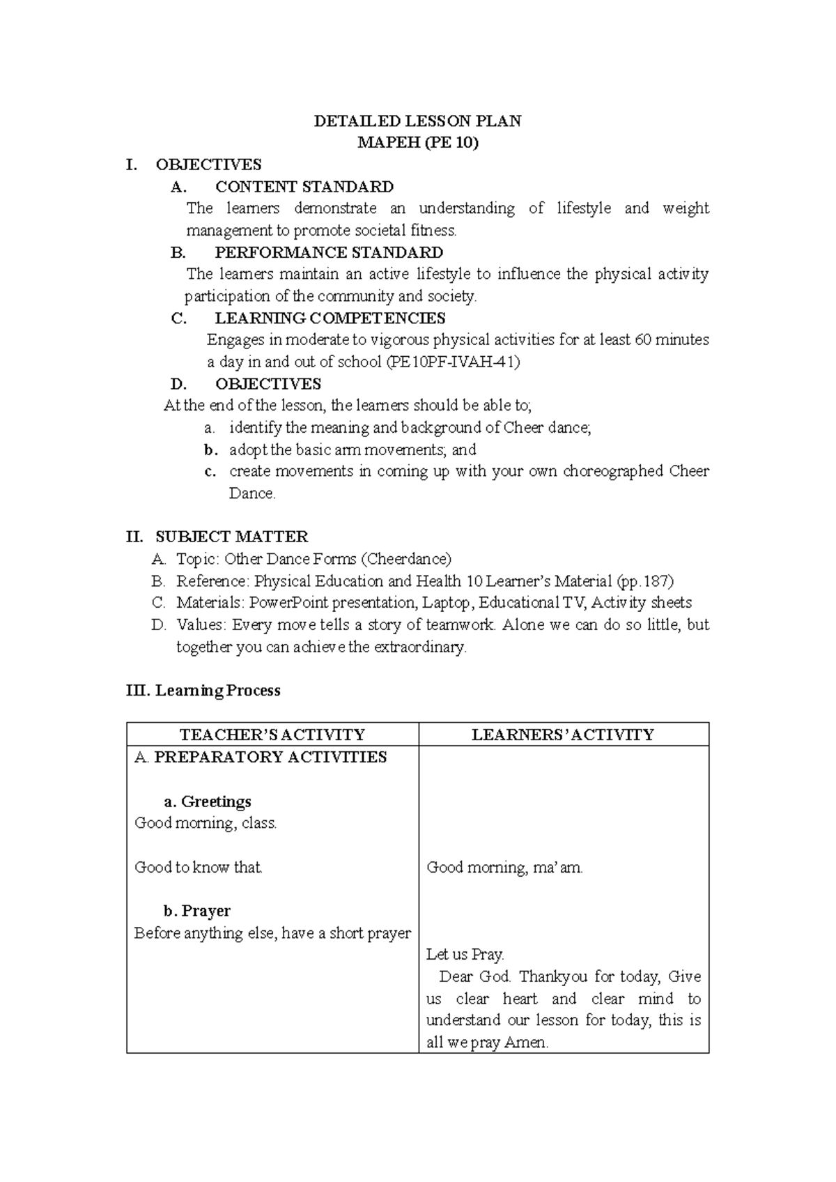 Detailed Lesson Plan on Cheer Dance (PE 10) - Engaging Students in ...