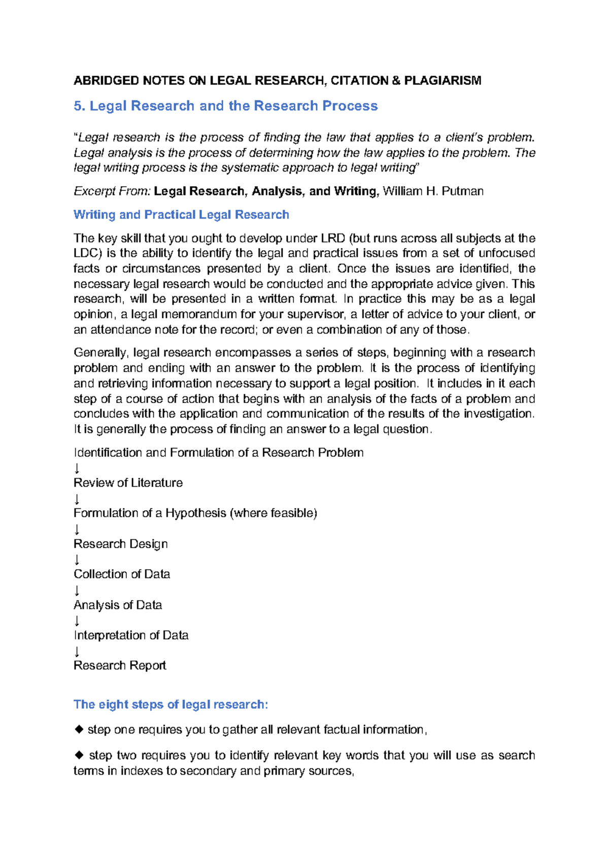 Legal Research, Citation & Plagiarism: Abridged Notes 5 - Studocu