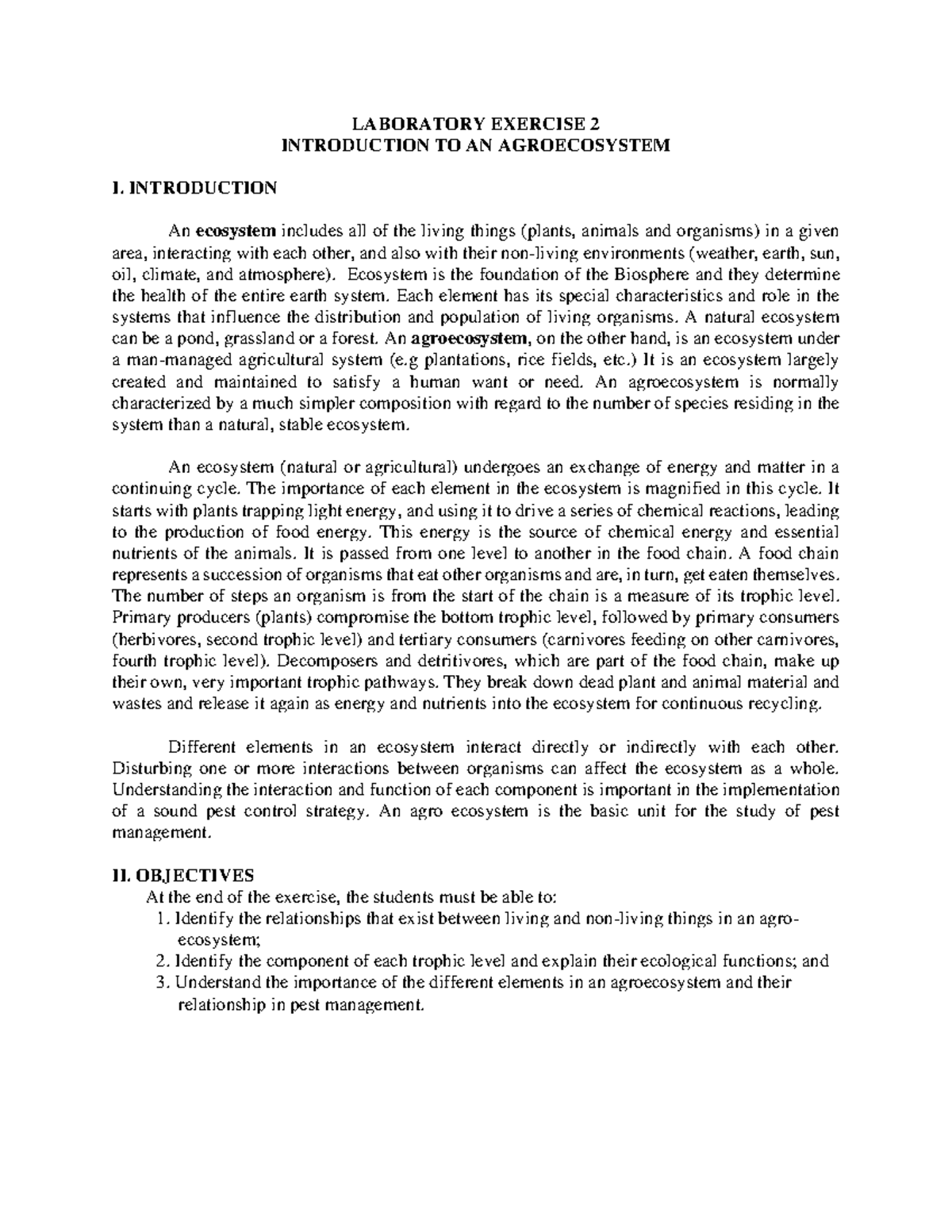 Laboratory Exercise 2 - N/A - LABORATORY EXERCISE 2 INTRODUCTION TO AN AGROECOSYSTEM I ...