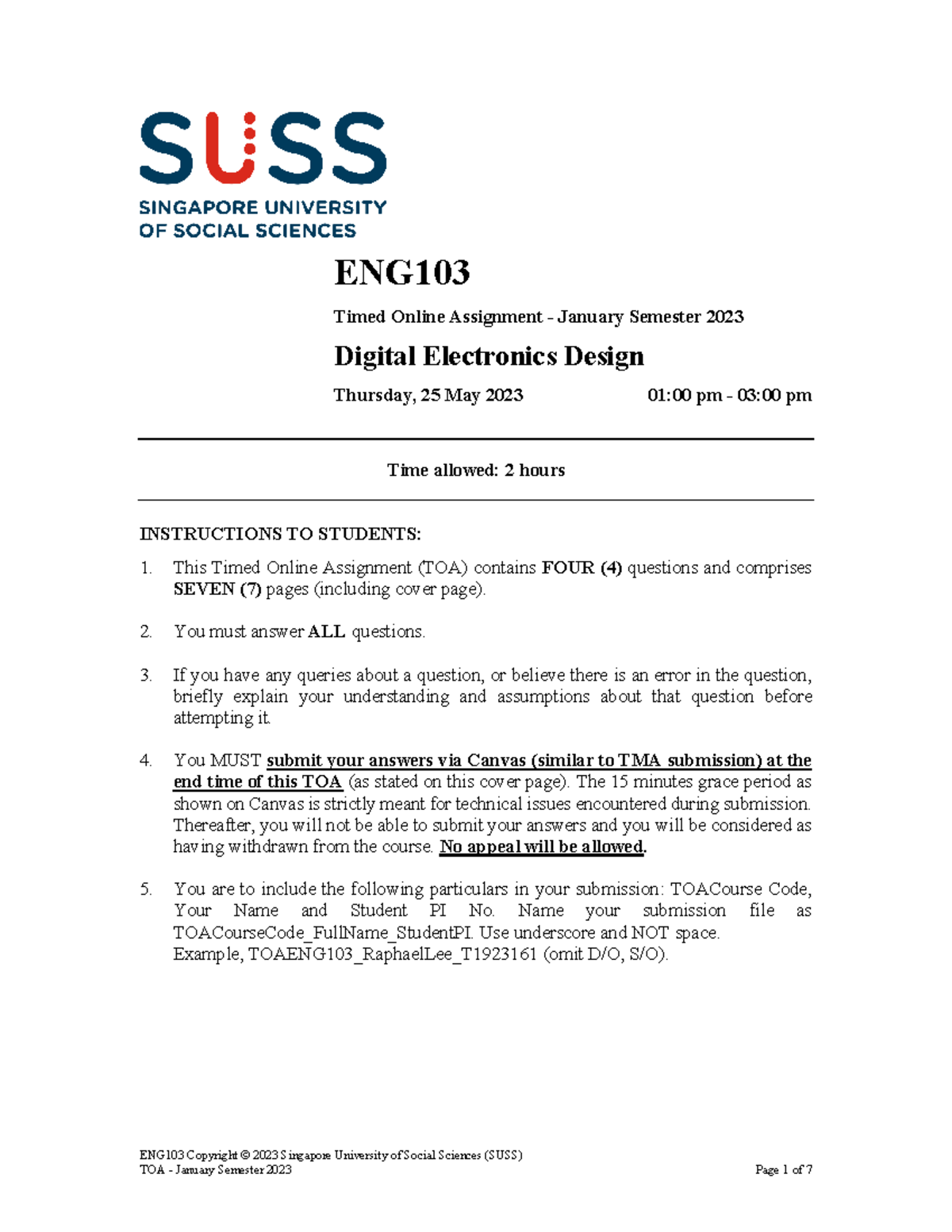 ENG103 January 2023 Timed Online Assignment - Digital Electronics ...