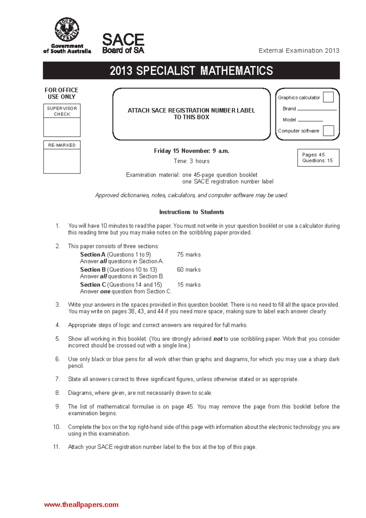 2013 Specialist Mathematics Exam Paper with Detailed Questions and ...