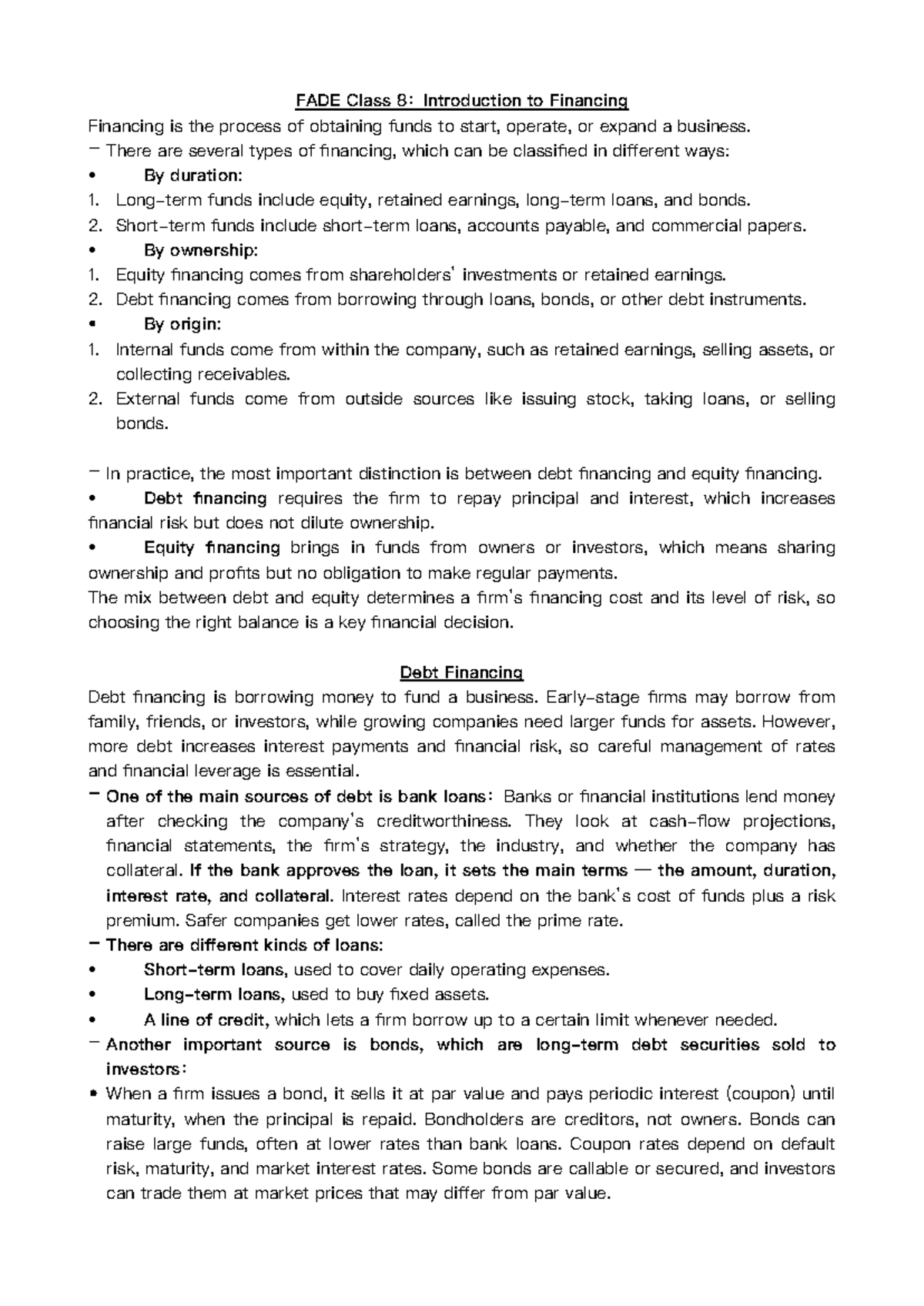 FADE 8 - Understanding Debt and Equity Financing - Studocu