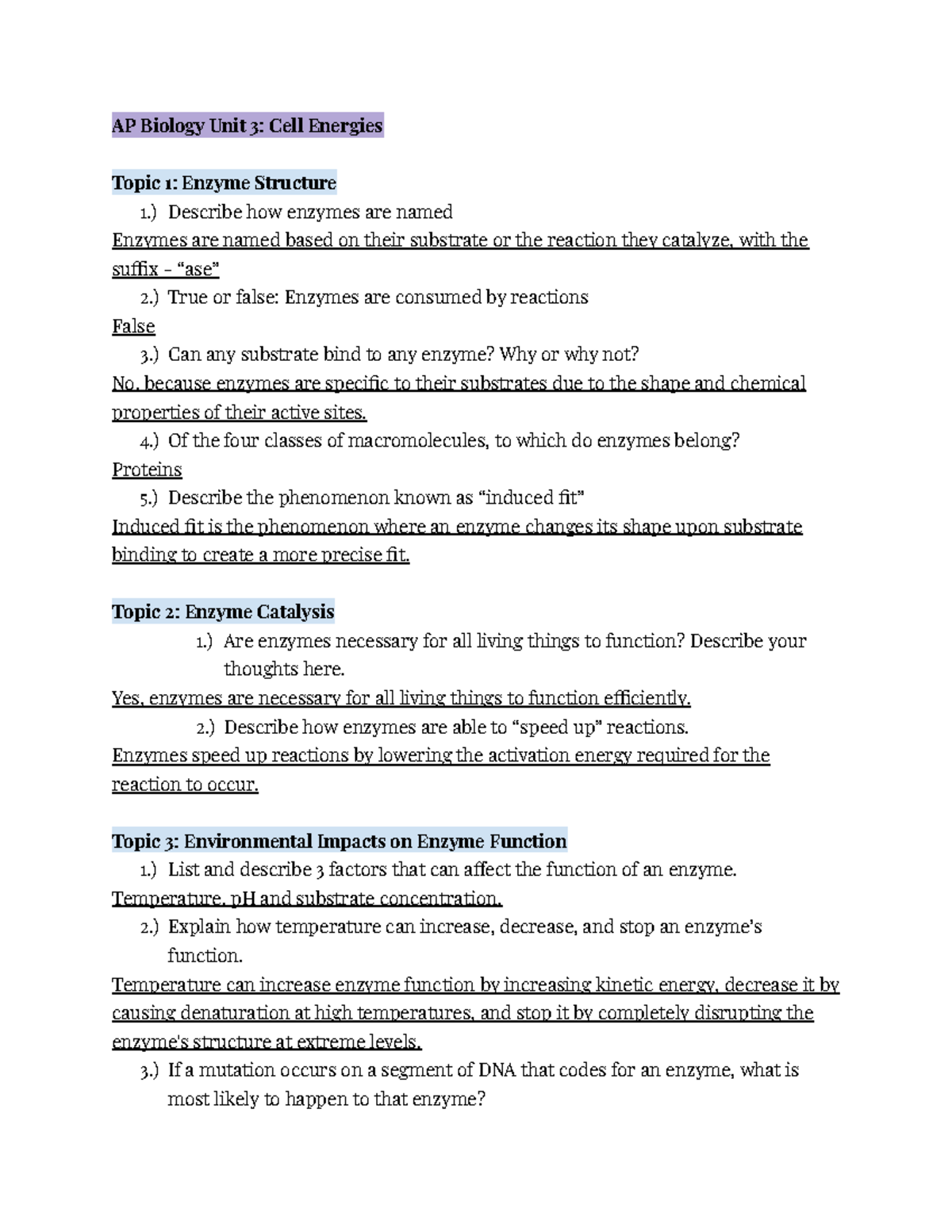 AP Biology Unit 3: Cell Energies - Enzyme Structure & Function - Studocu