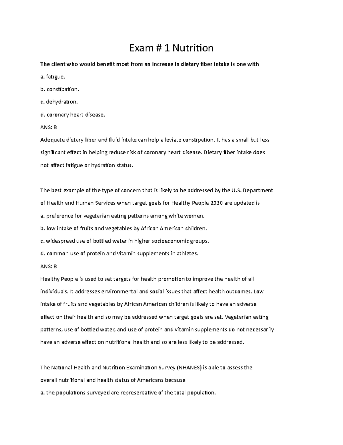 Exam # 1 Nutrition: Practice Questions for First Exam Review - Studocu