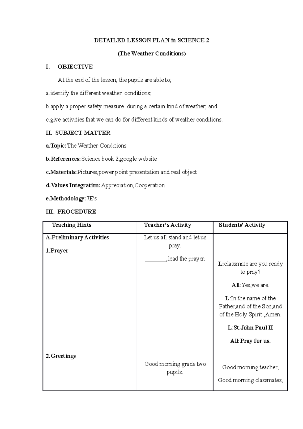 Science 2 Lesson PLAN - DETAILED LESSON PLAN in SCIENCE 2 (The Weather ...