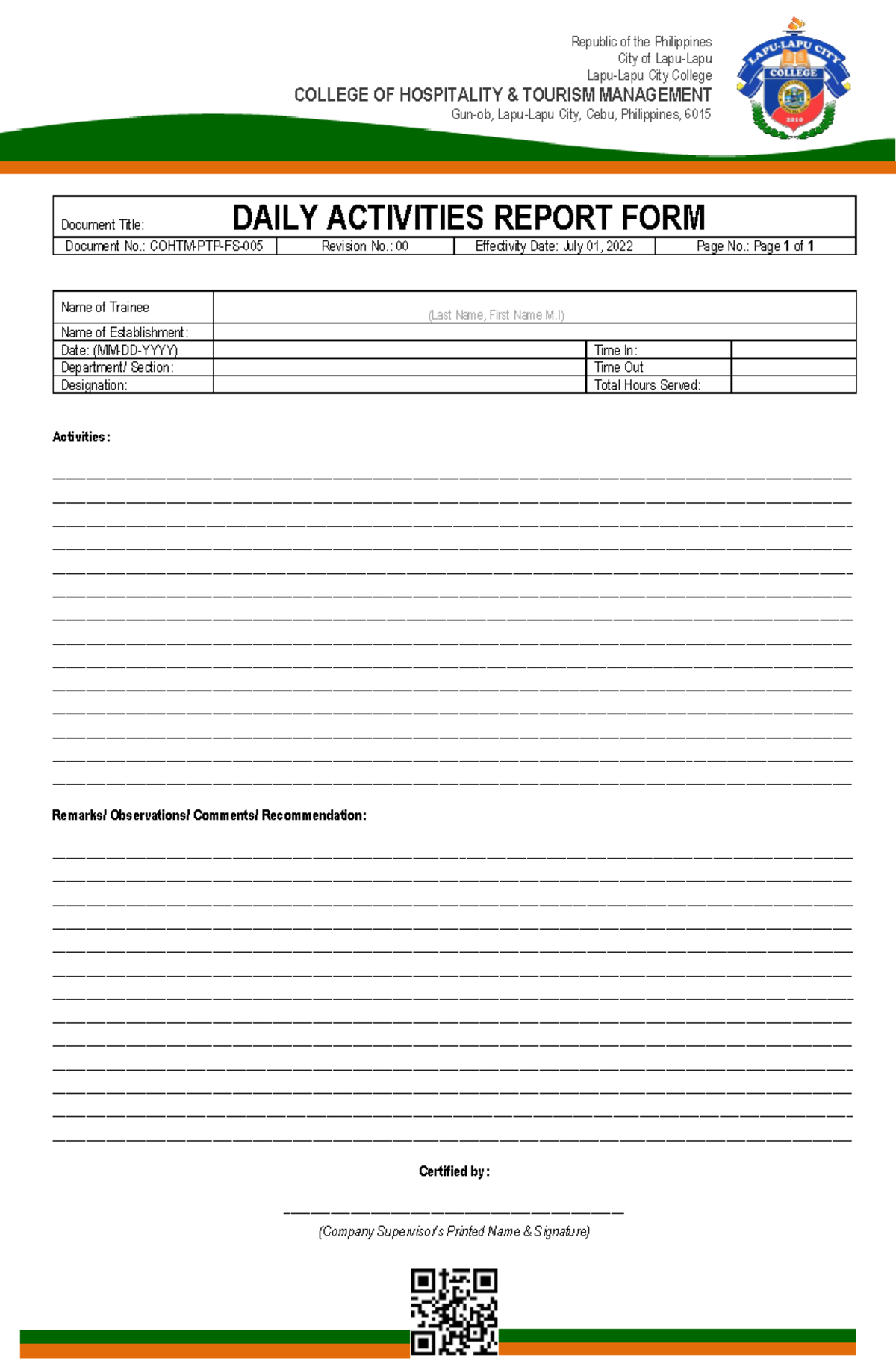 Cohtm PTP FS 005 Daily Activities Report FORM - Republic of the ...