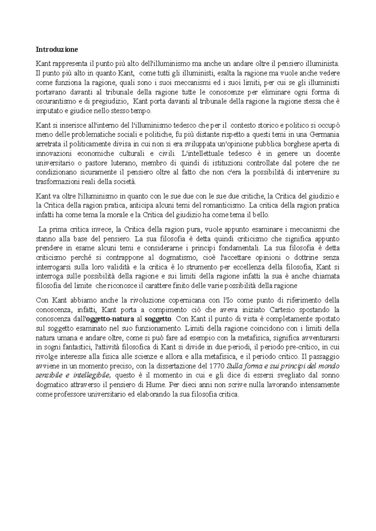 Kant e il Criticismo: Appunti sul Pensiero Trascendentale - Studocu