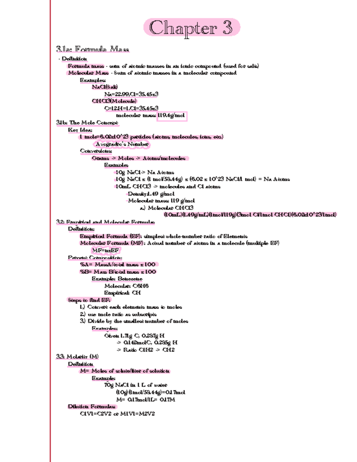Chemistry CH3 Notes: Formula Mass, The Mole, & Molarity - Studocu
