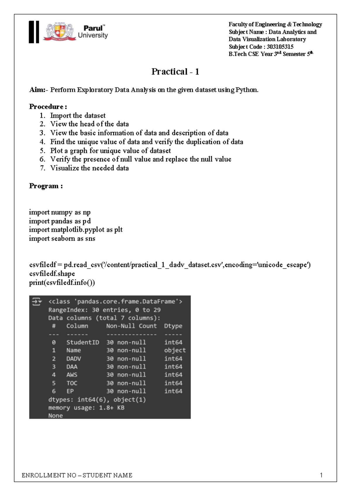 DADV 303105315 B.Tech CSE Practical 1-4: Data Analysis & Visualization ...